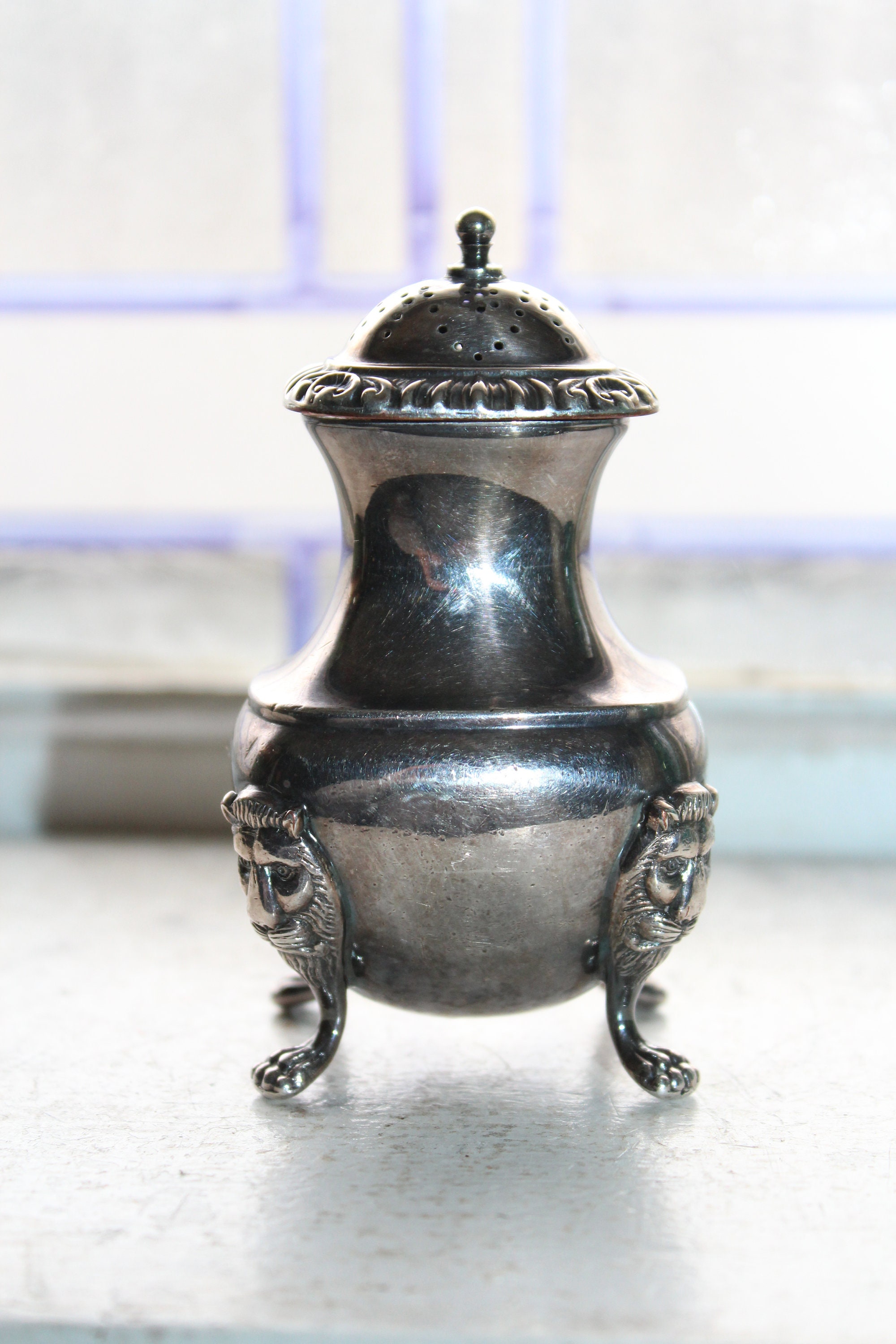 Antique Silverplate Salt Shaker with Lion Head Feet
