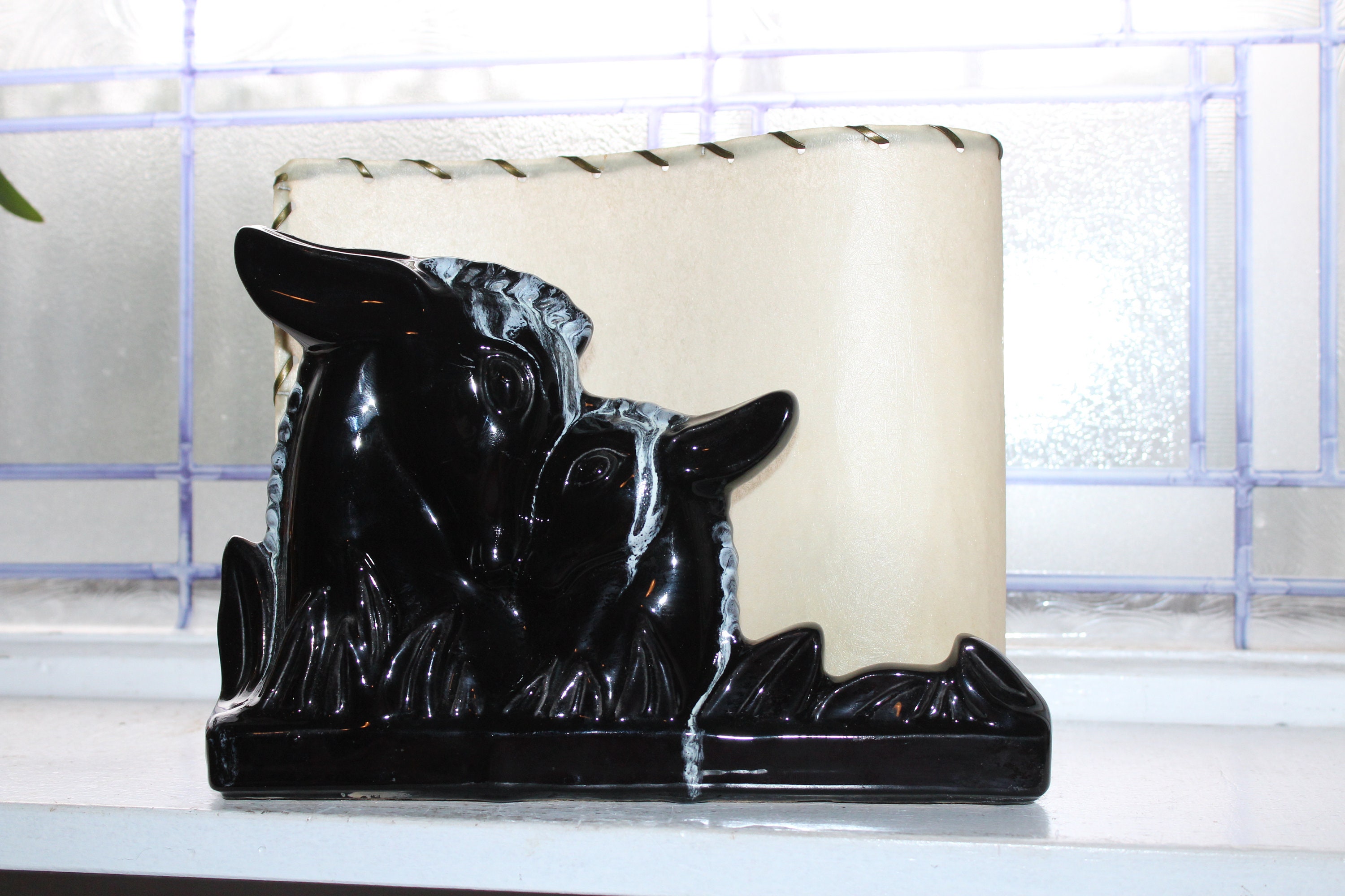 Vintage Mid Century TV Lamp Black Deer and Fawn with Fiberglass Shade