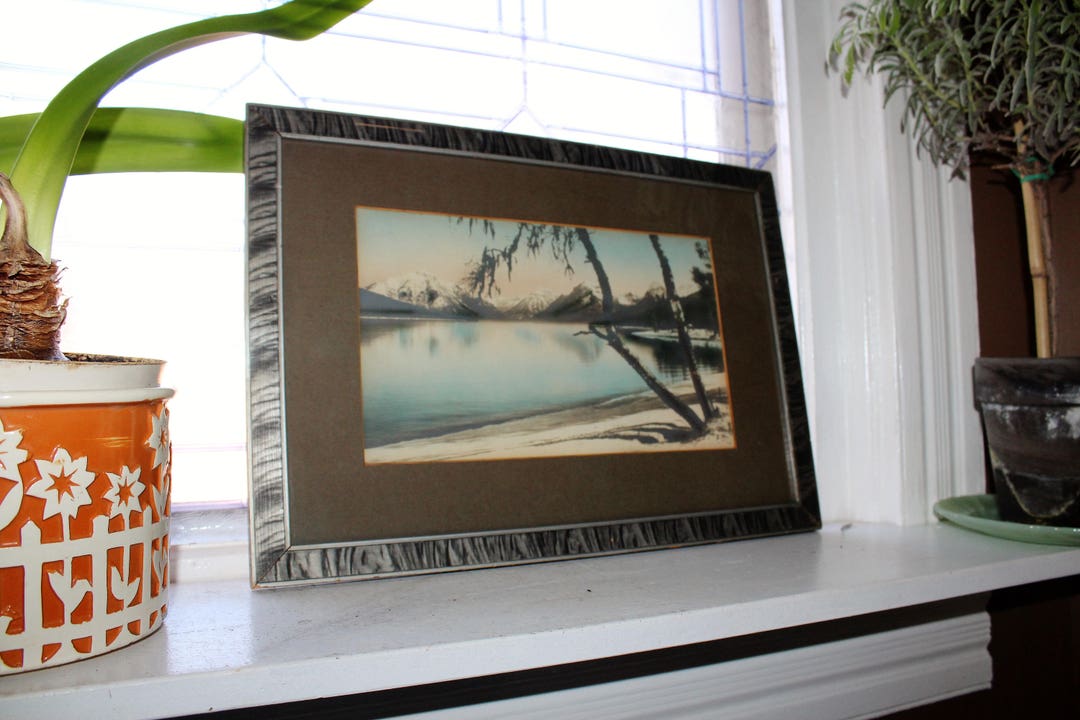 Hand Colored Tinted Photograph Mountain and Lake Framed Vintage 1940s ...