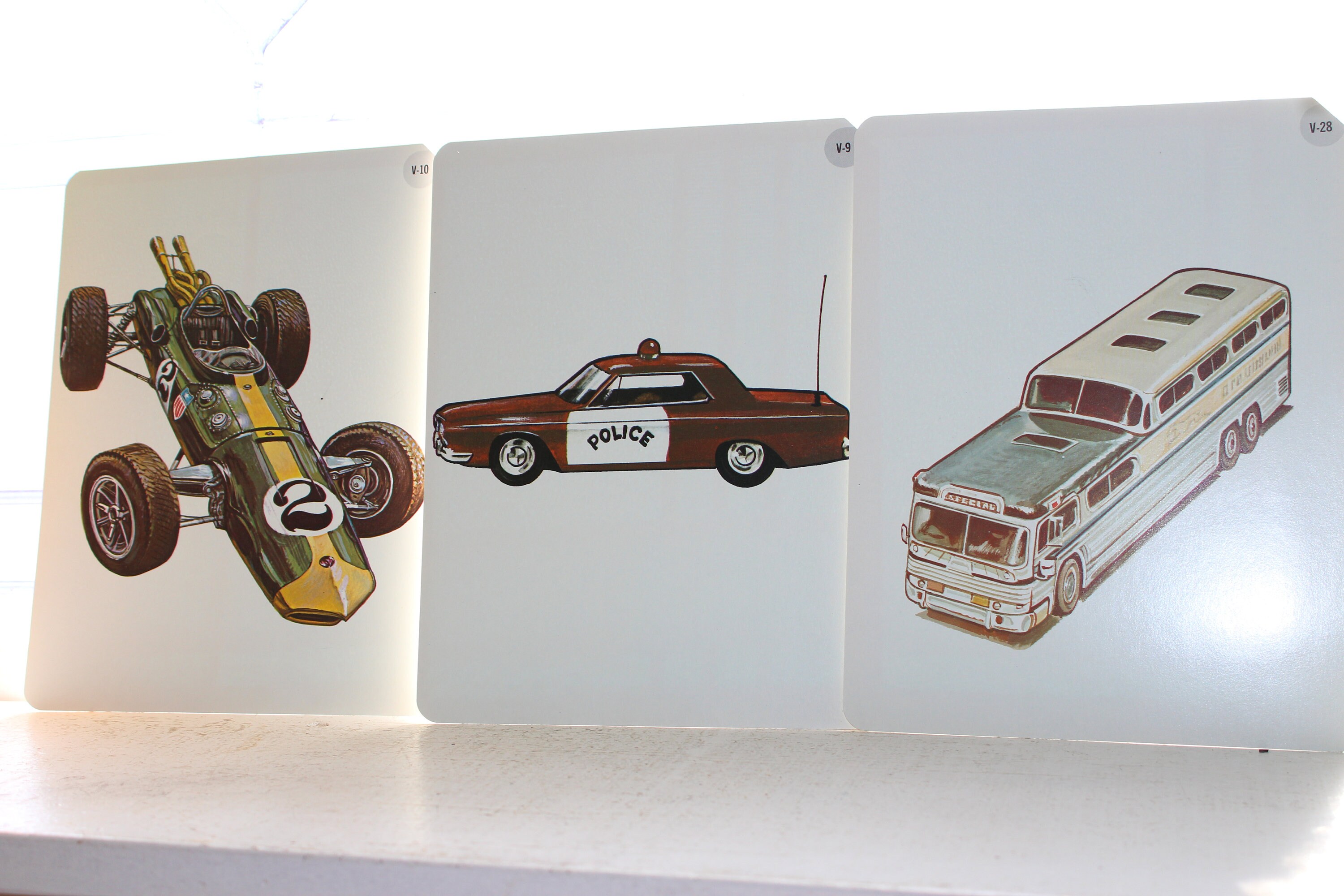 3 Vintage Flash Cards Circa 1967 Bus Police and Race Cars