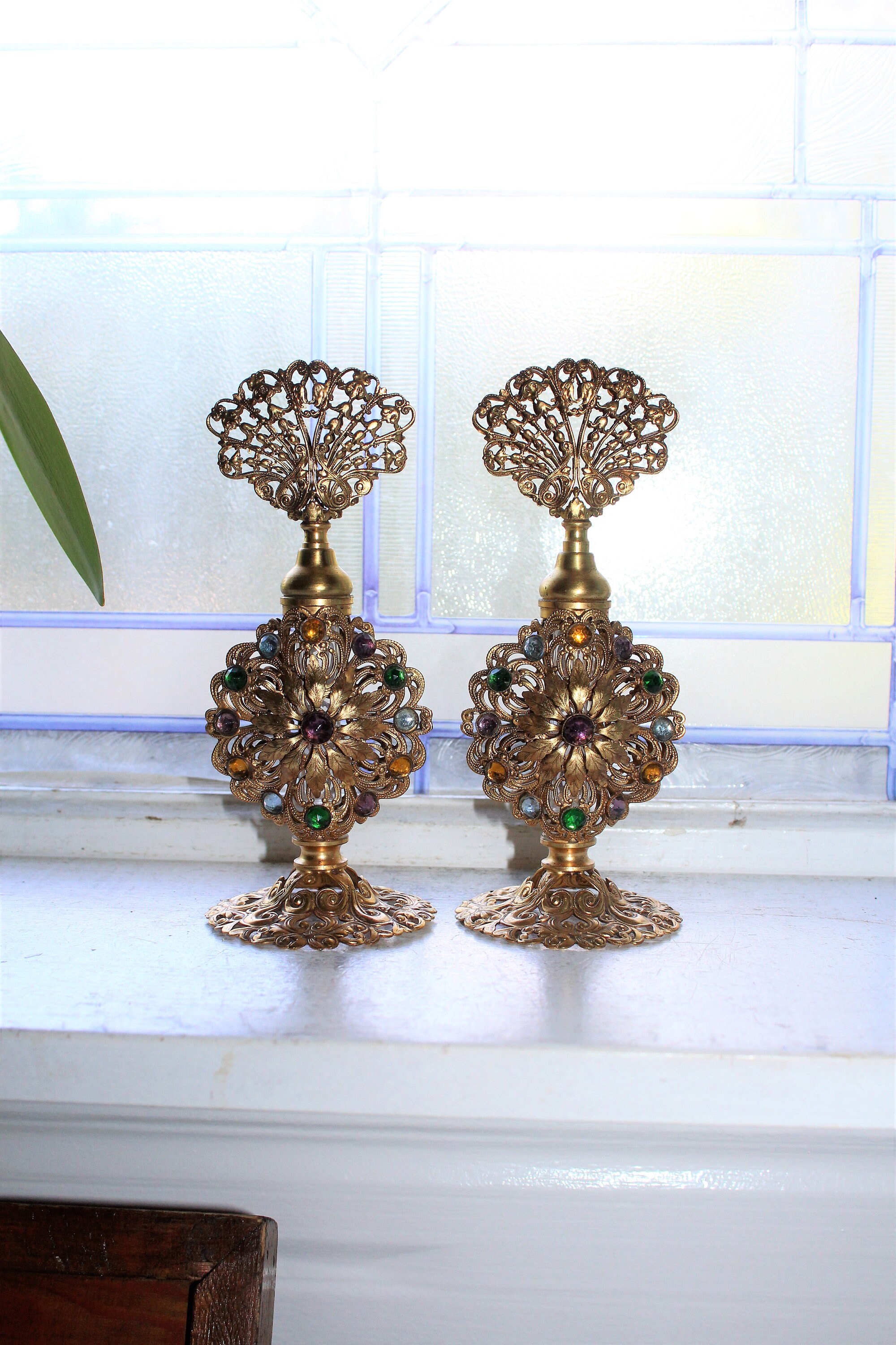 Large Guildcrest Perfume Bottles Pair Beveled Glass & Rhinestones