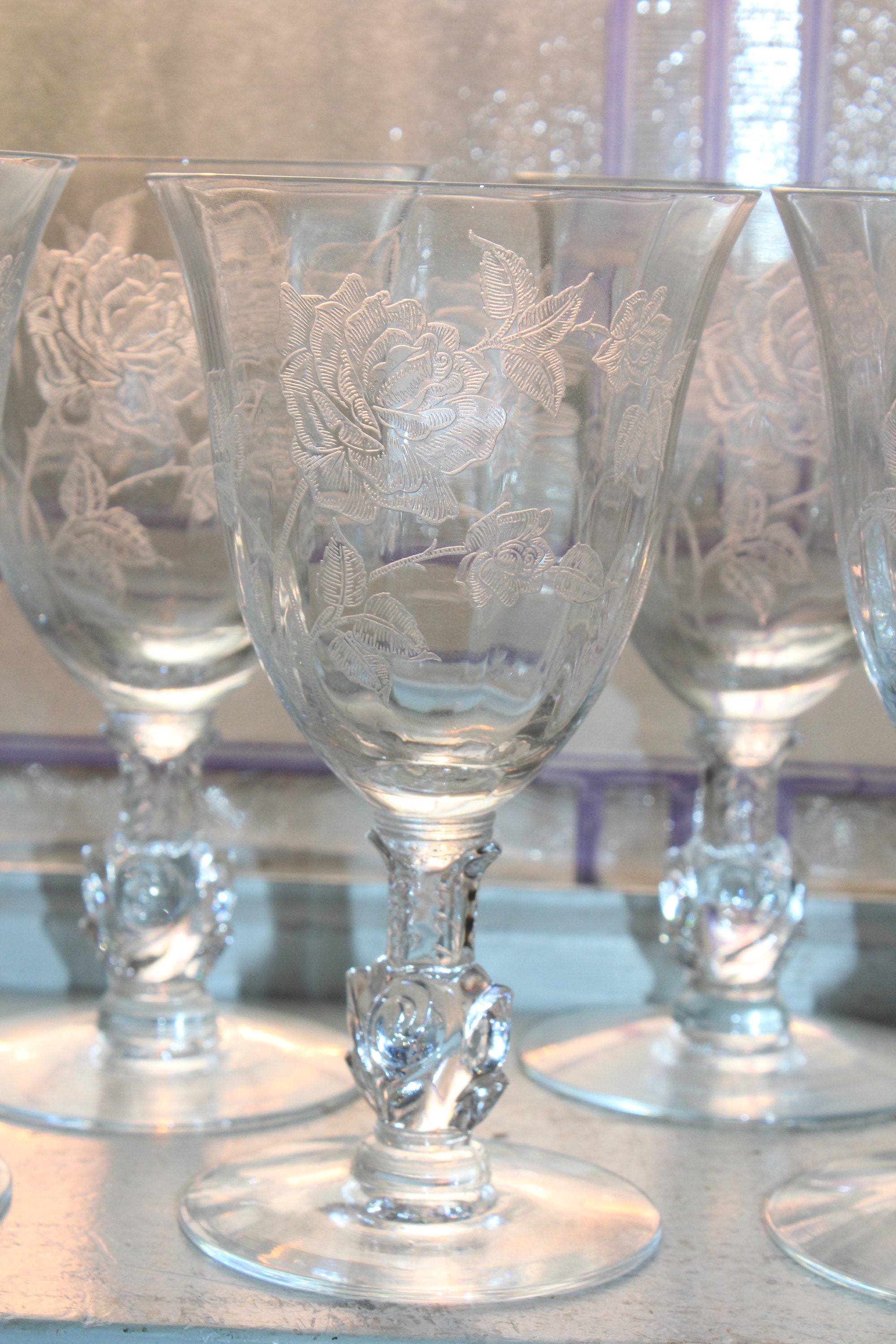 7 Elegant Heisey Glass Wine or Water Goblets Rose Etch Vintage 1950s