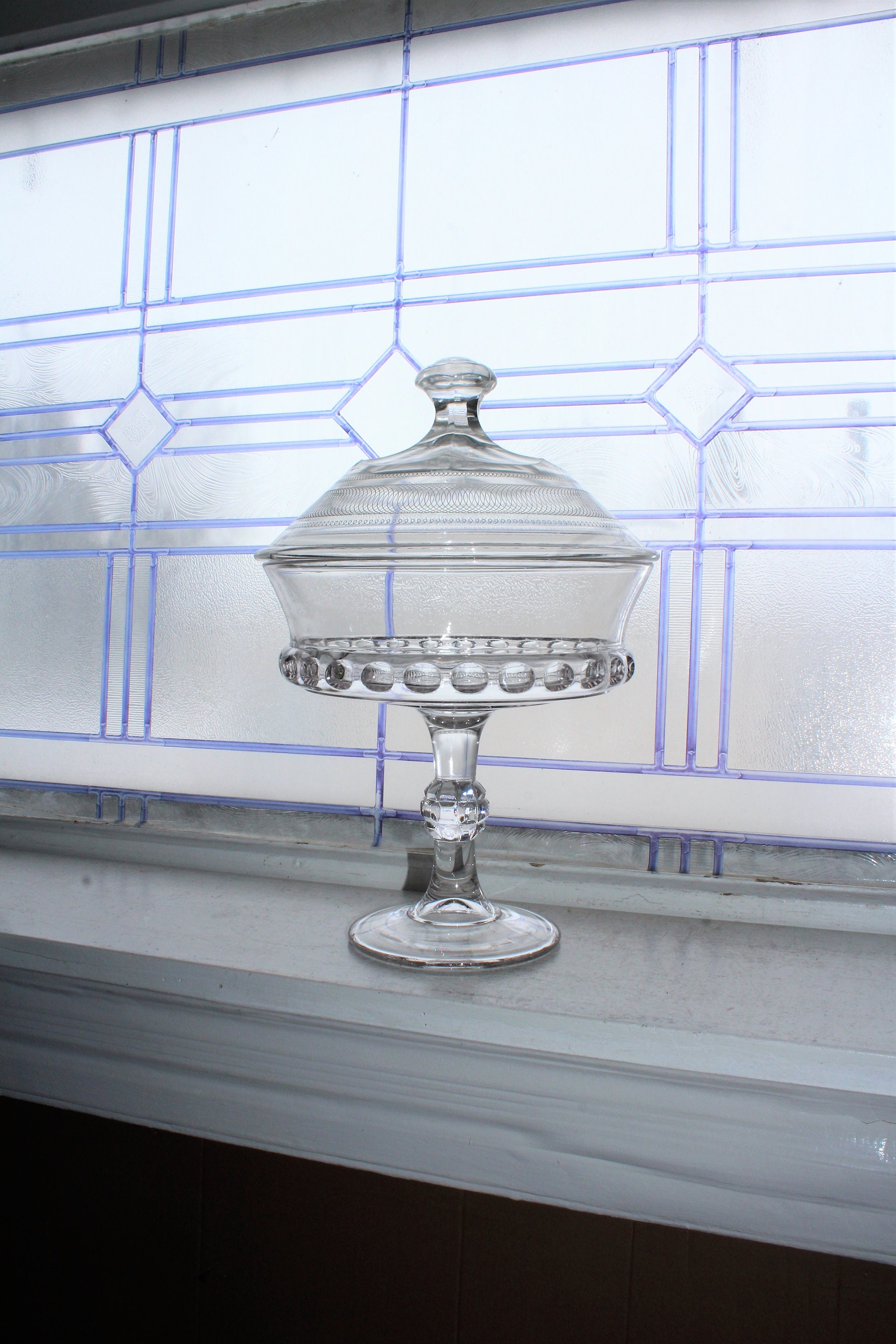 EAPG Etched Glass Compote with Lid Antique Early 1900s