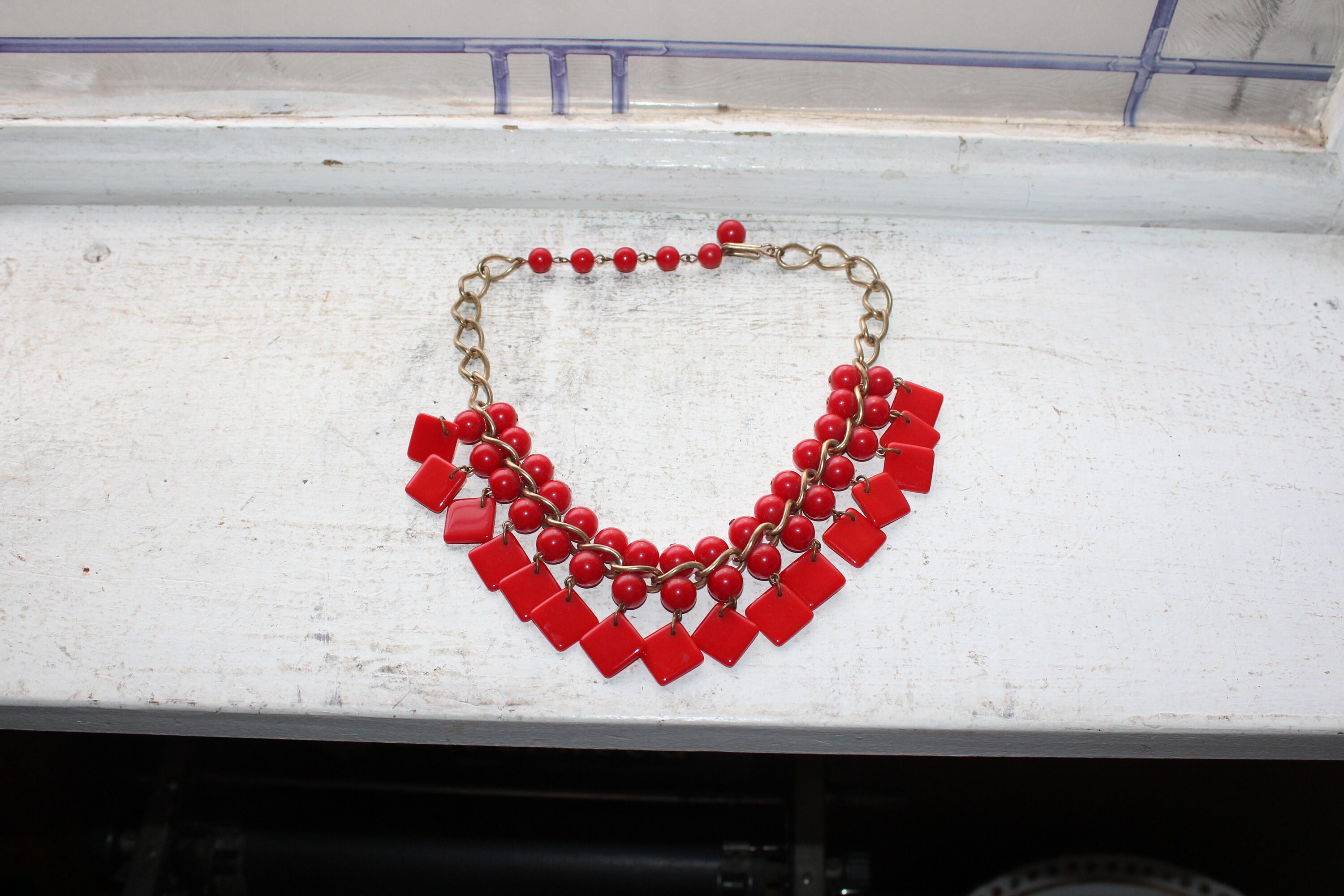 Vintage Cherry Red Bakelite Necklace 1930s Art Deco Jewelry