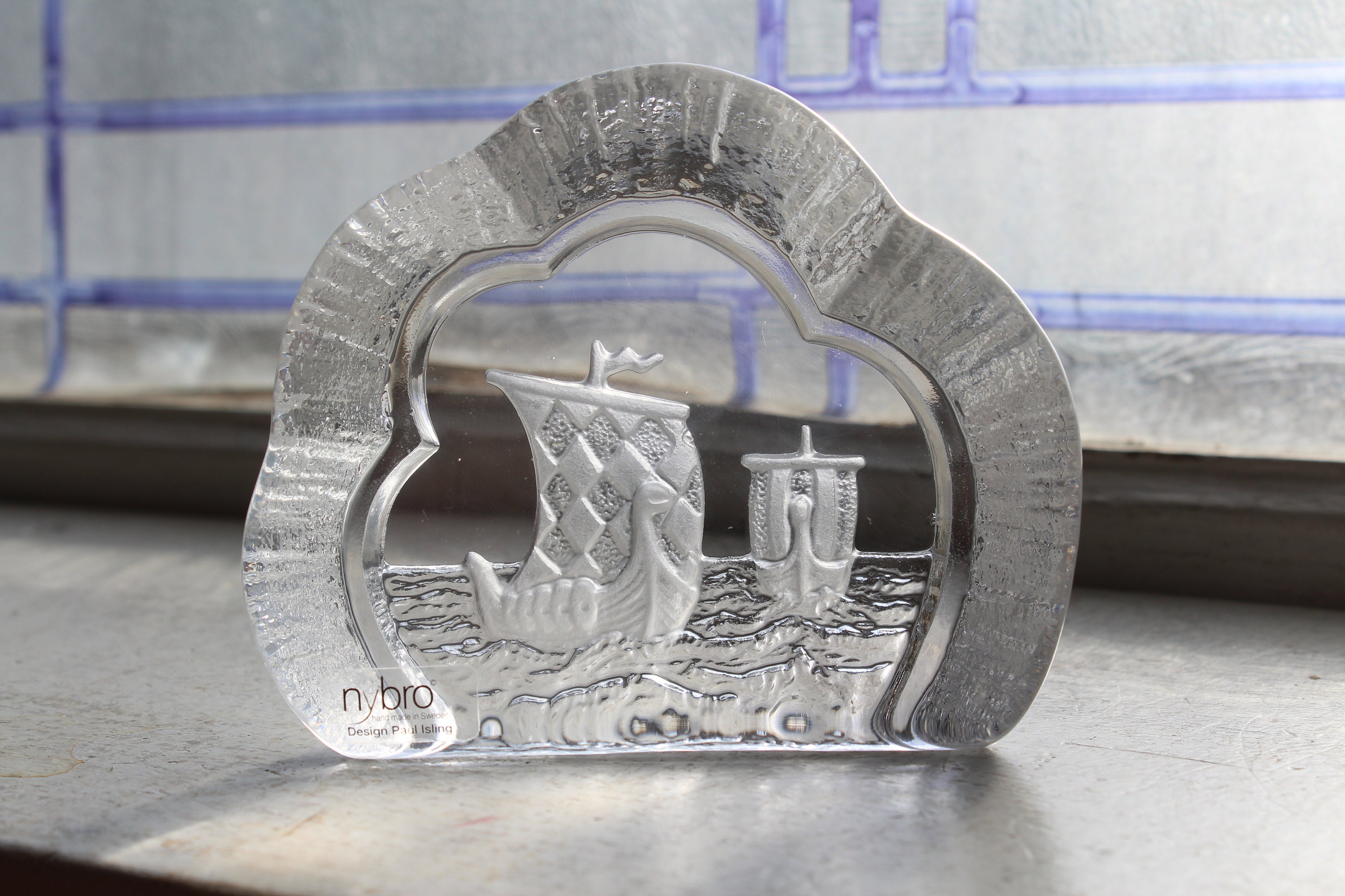 Vintage Nybro Swedish Crystal Viking Ship Paperweight by Paul Isling