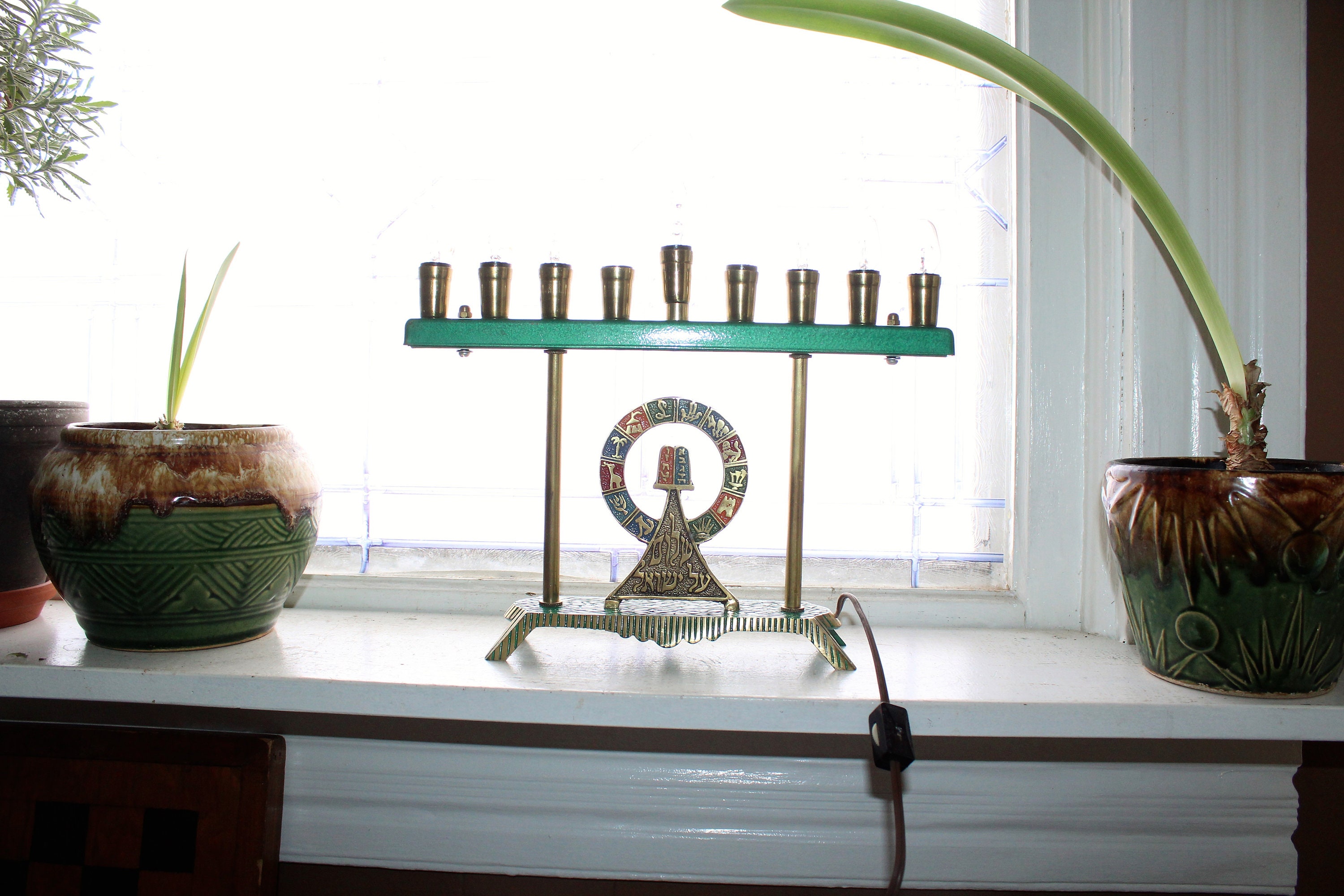 Vintage Electric Jewish Menorah Made In Israel Brass And Enamel