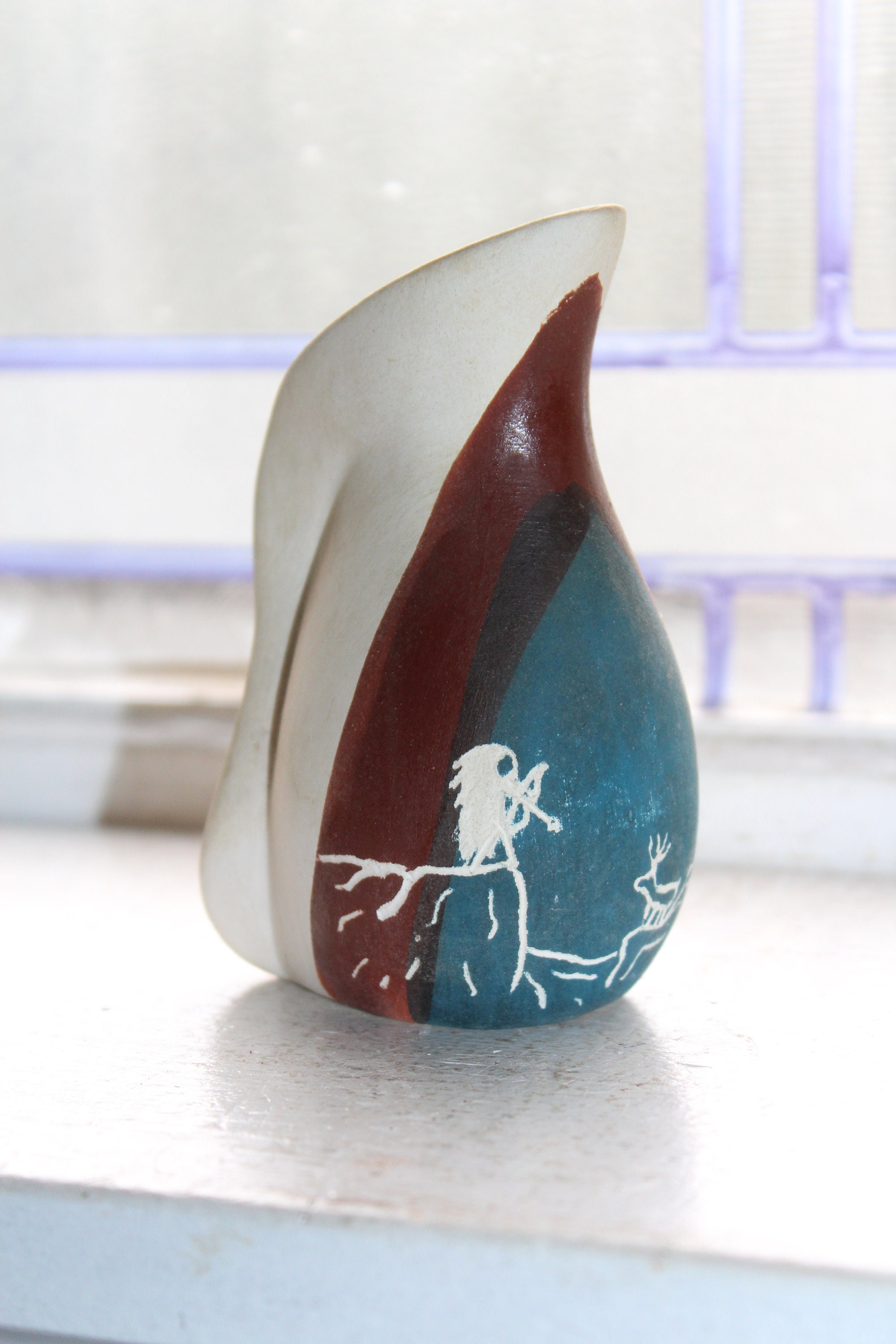 Vintage Sioux Pottery Pitcher Indian Hunting Scene Artist Signed