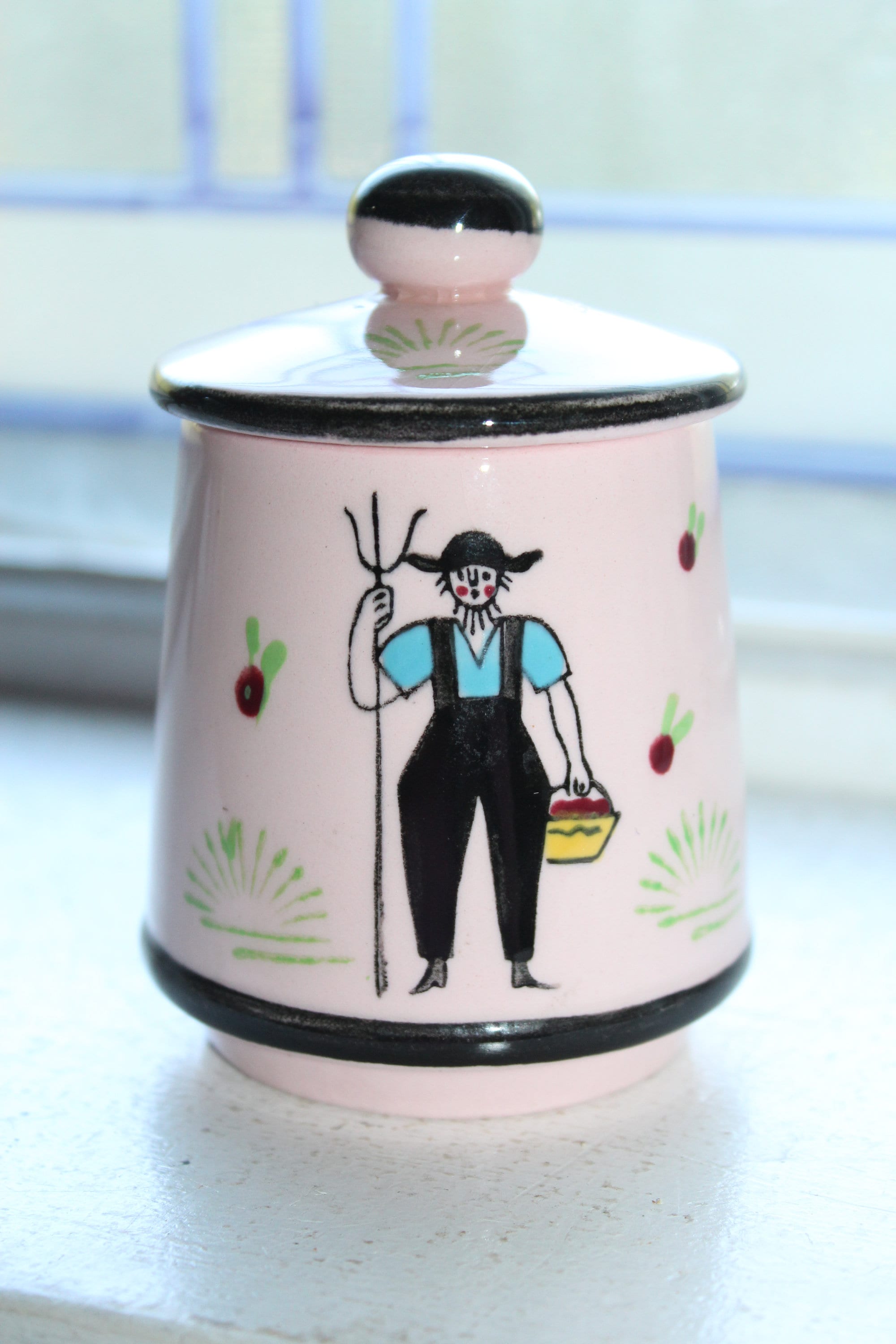 Vintage Jam Pot Homesteaders Farmers in Pink and Black