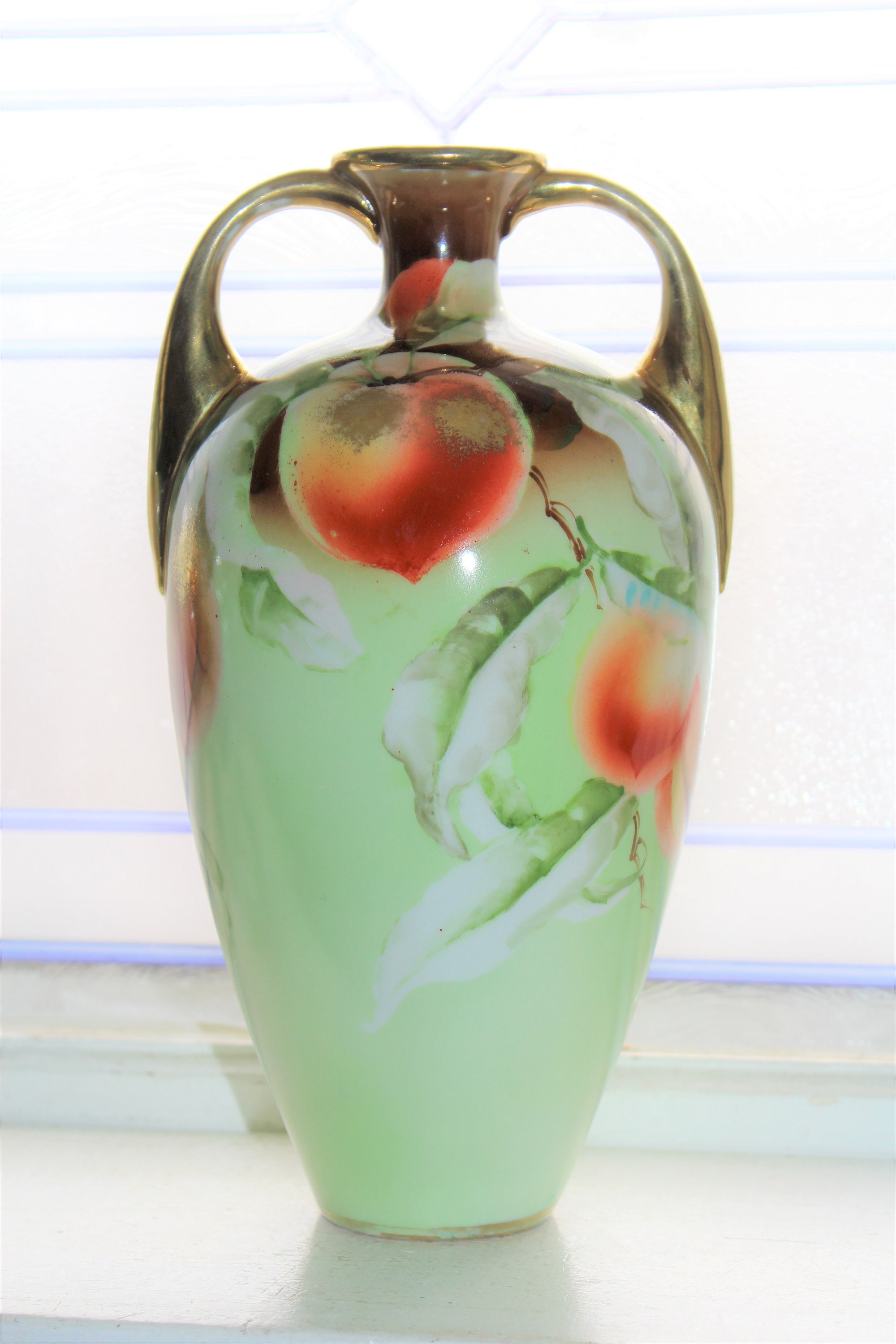 Antique Hand Painted Nippon Handled Vase Late 1800s Maple Leaf Mark Antique Hand Painted Nippon Handled Vase Late 1800s Maple Leaf Mark