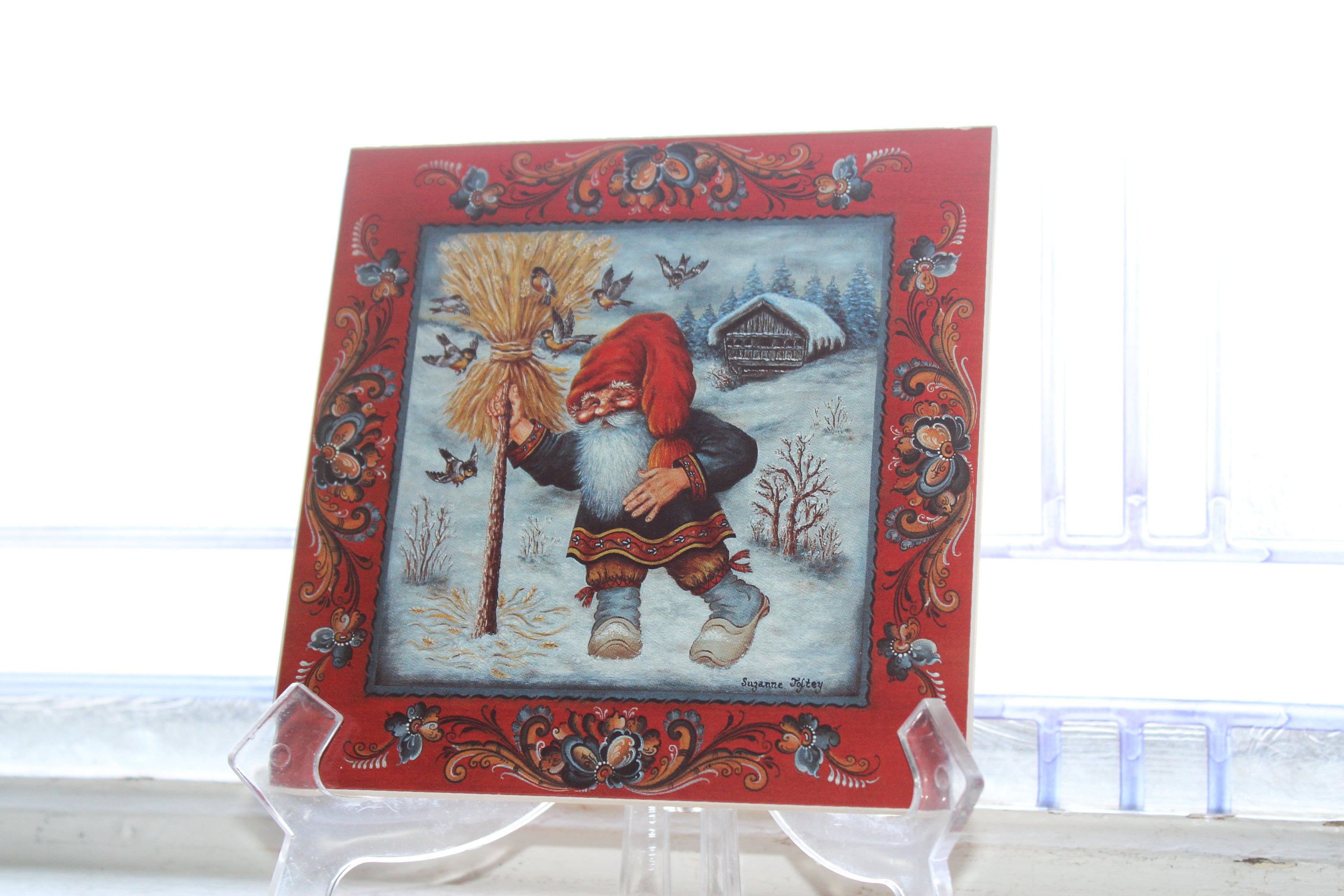 Vintage Norwegian Rosemaled Trivet Tile Jul Neg Straw Nisse