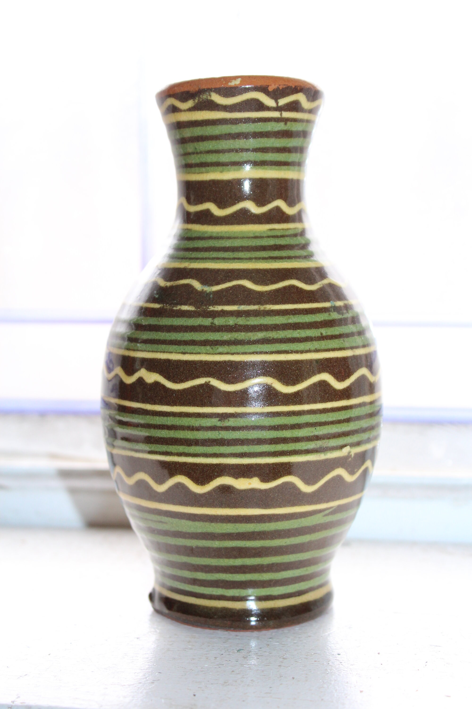 Vintage Redware Art Pottery Vase Slip Decorated Green and Yellow Lines