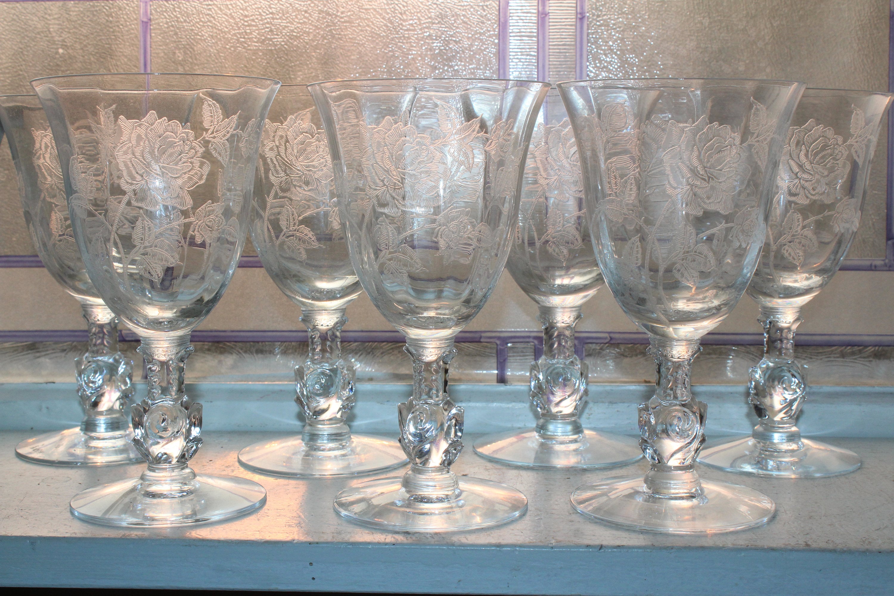 7 Elegant Heisey Glass Wine or Water Goblets Rose Etch Vintage 1950s