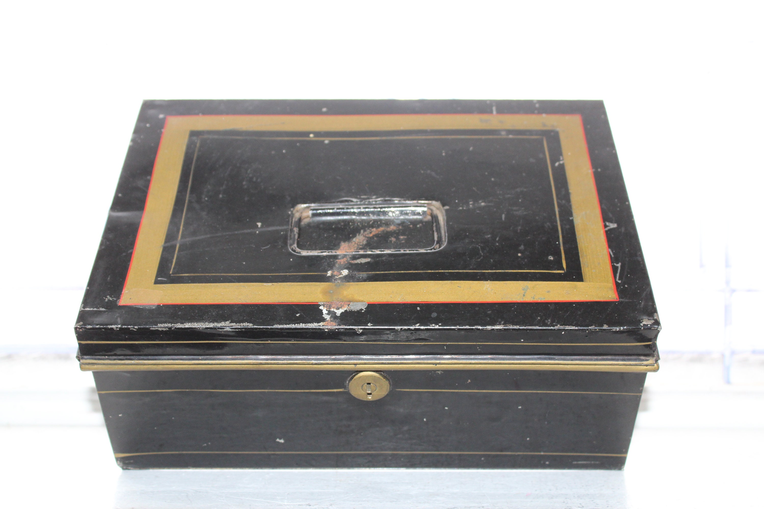 Antique Metal Lock Box with Key Industrial Steampunk Storage