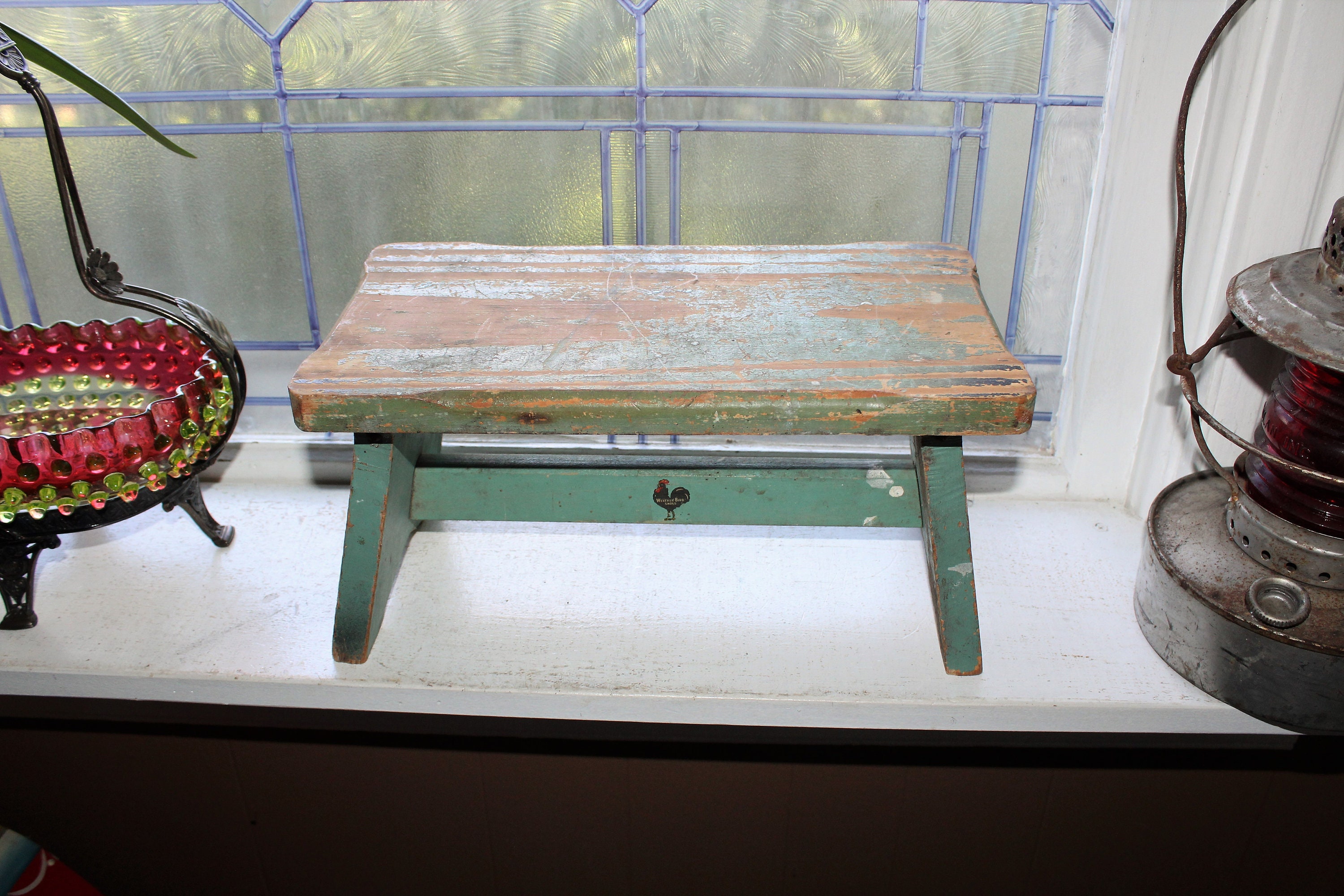 Vintage Wooden Advertising Stool Weather Bird Shoes