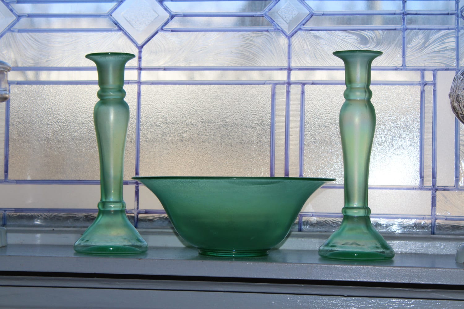 Fenton Stretch Glass Console Set Bowl and Candlesticks Green Iridescent ...