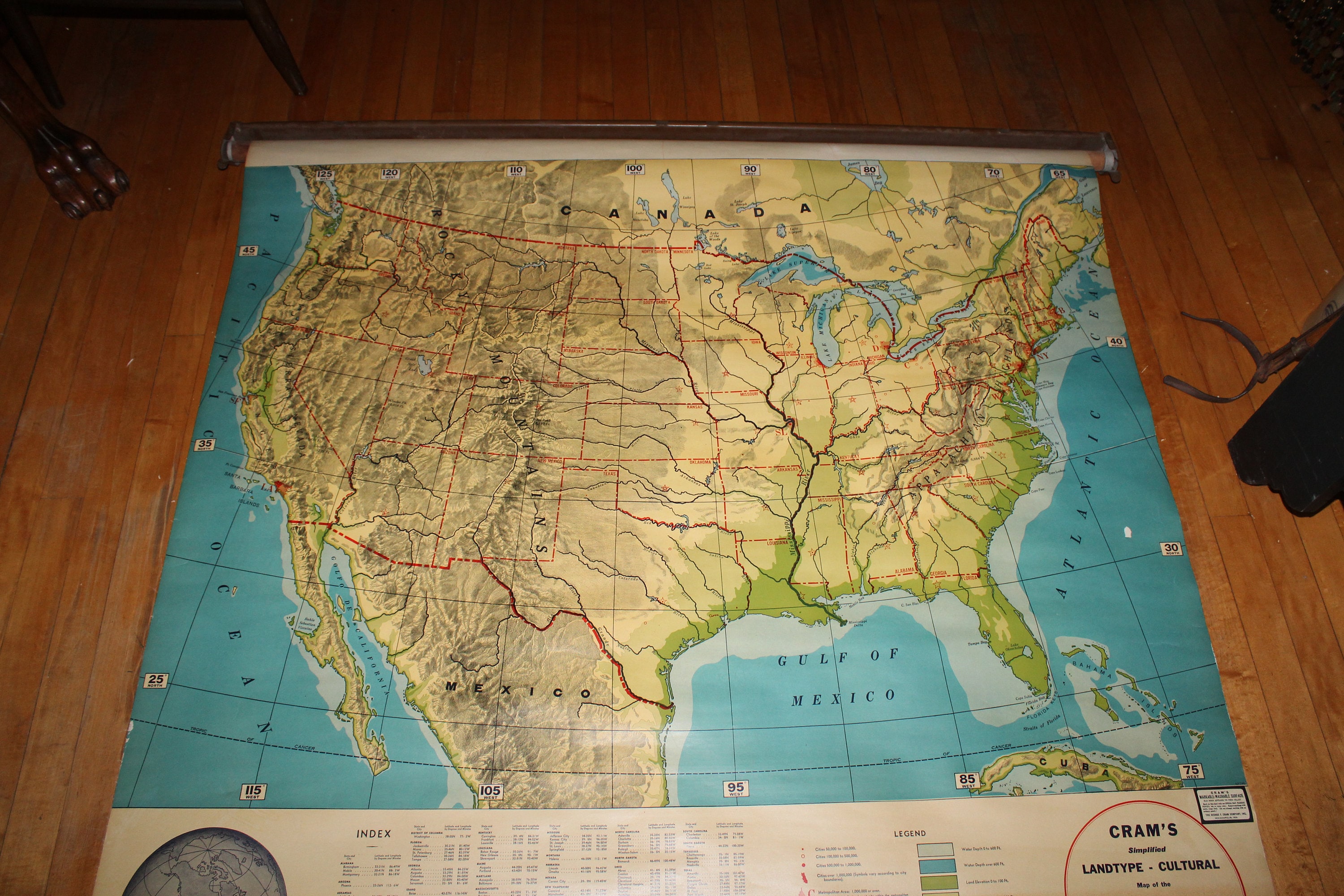 Large Vintage Wall Map Cram's USA Pull Down Roll Up