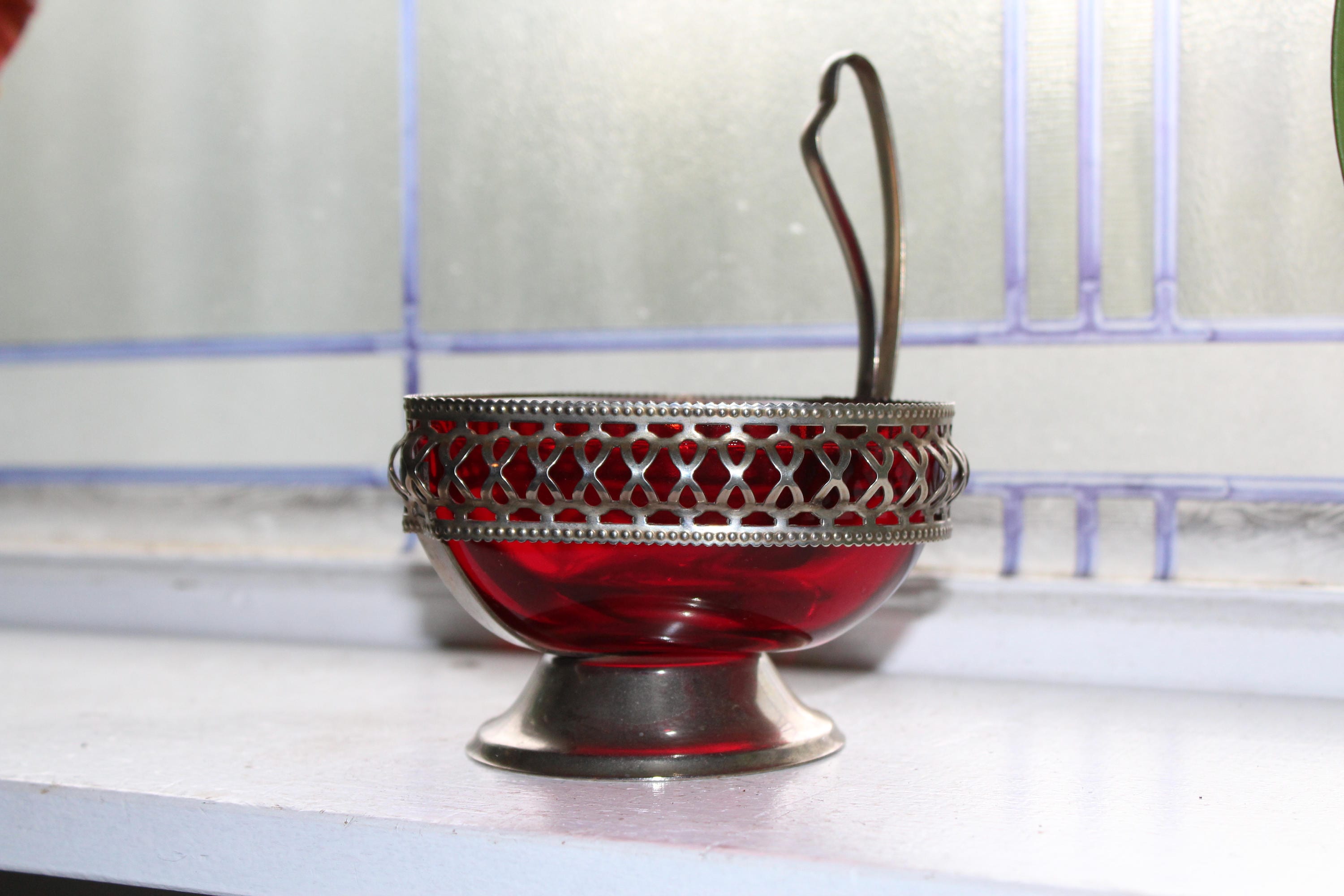 Royal Ruby Red Heart Dish in Sheffield Silverplate Stand Vintage 1950s