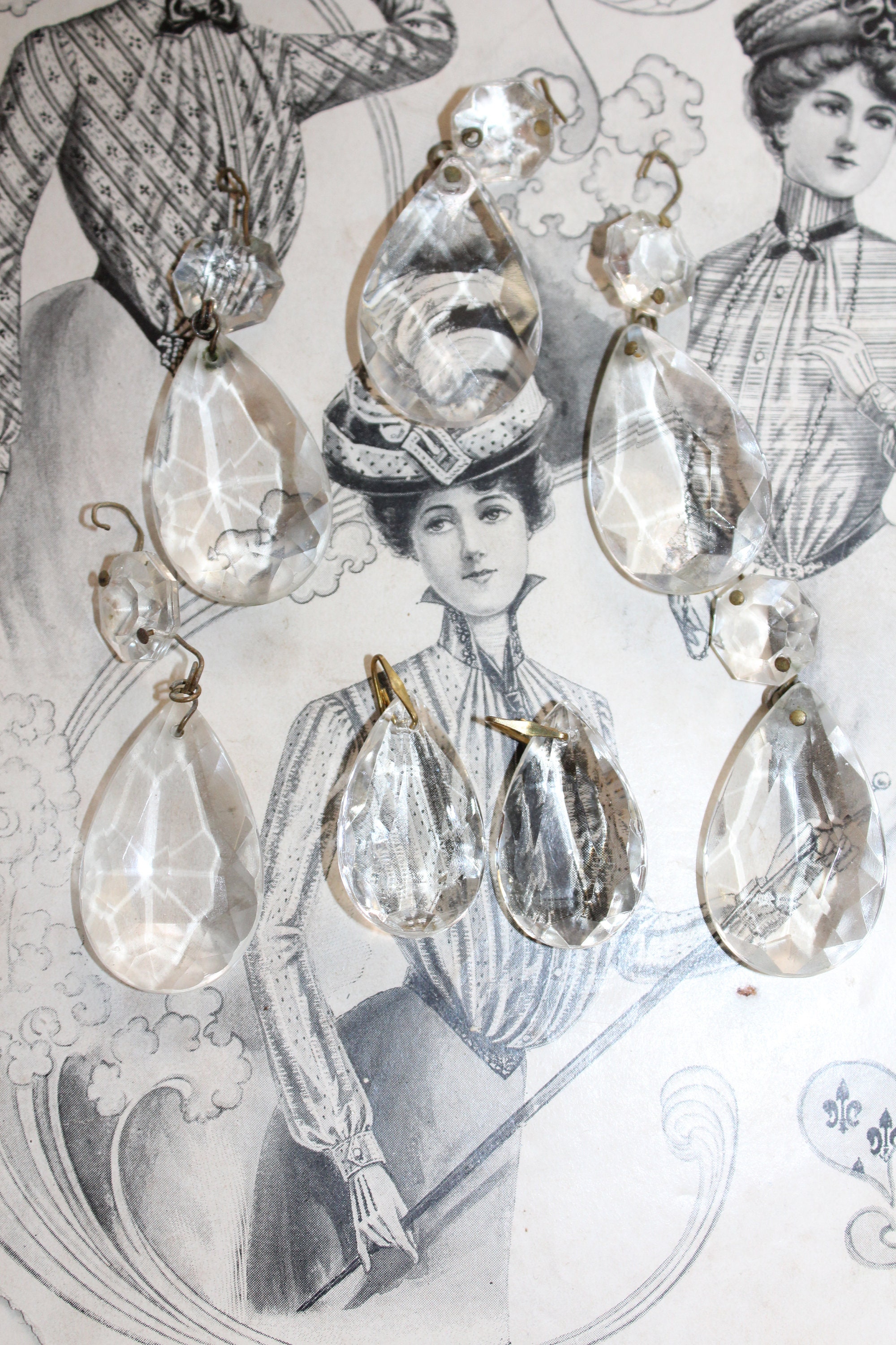 7 Antique Hanging Glass Prisms Victorian Crystal Pendants