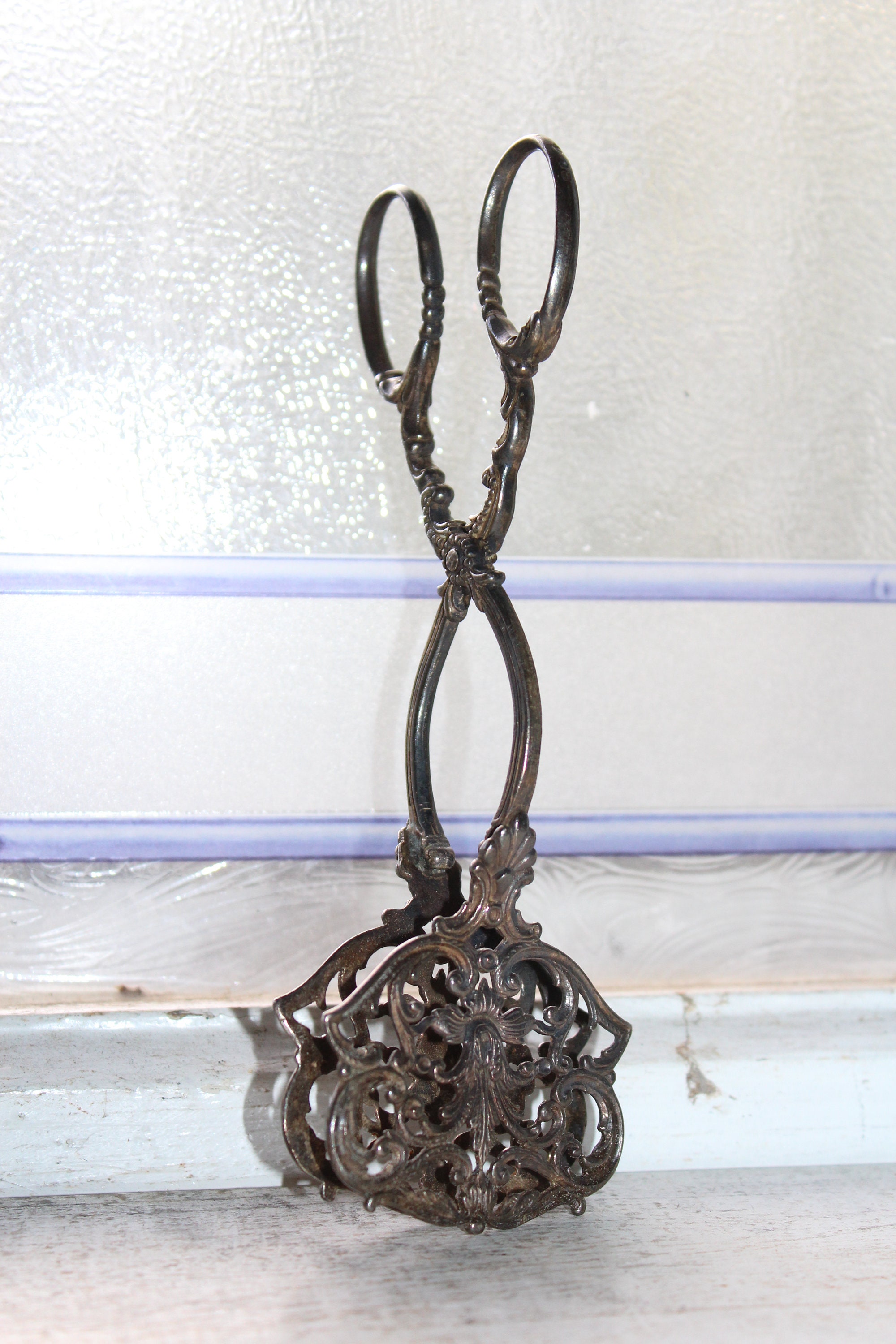 Ornate Antique Serving Tongs 19th Century Silver Plate