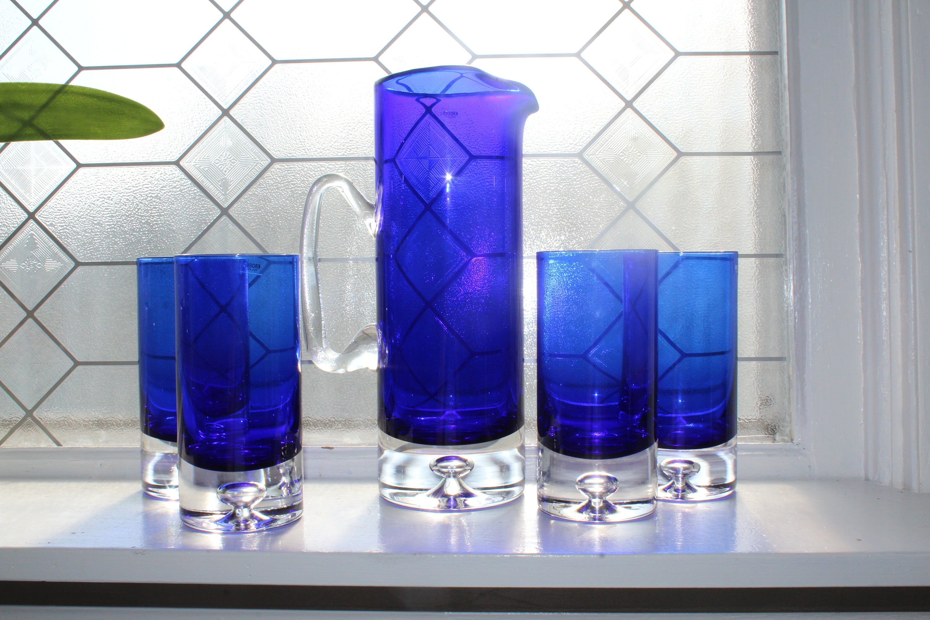 Cobalt Blue Glass Block Stockholm Pitcher & Tumblers Krosno Suspended ...