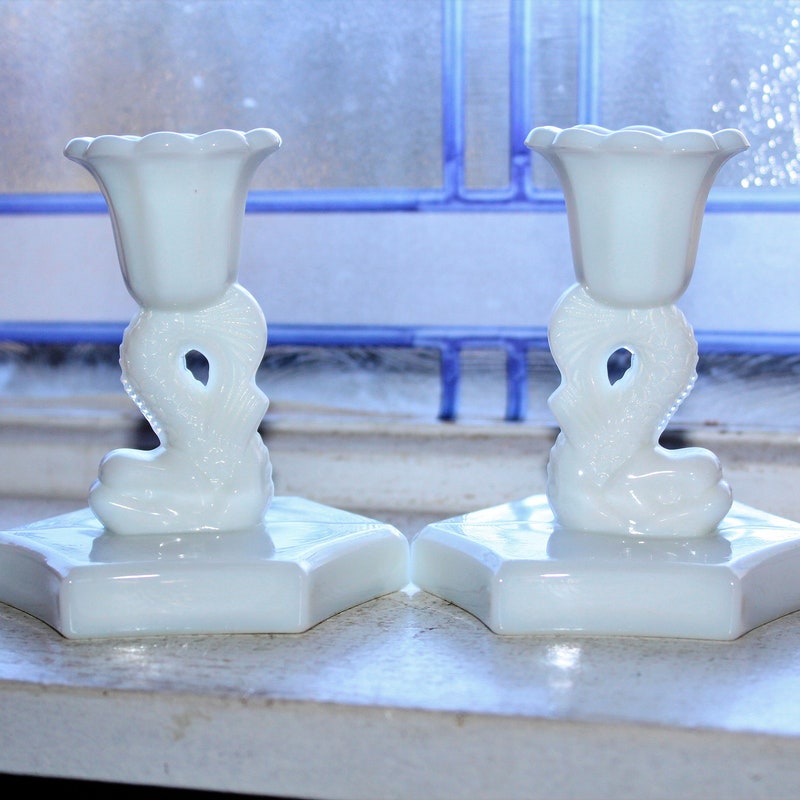 Milk Glass Dolphin Candlesticks - Etsy