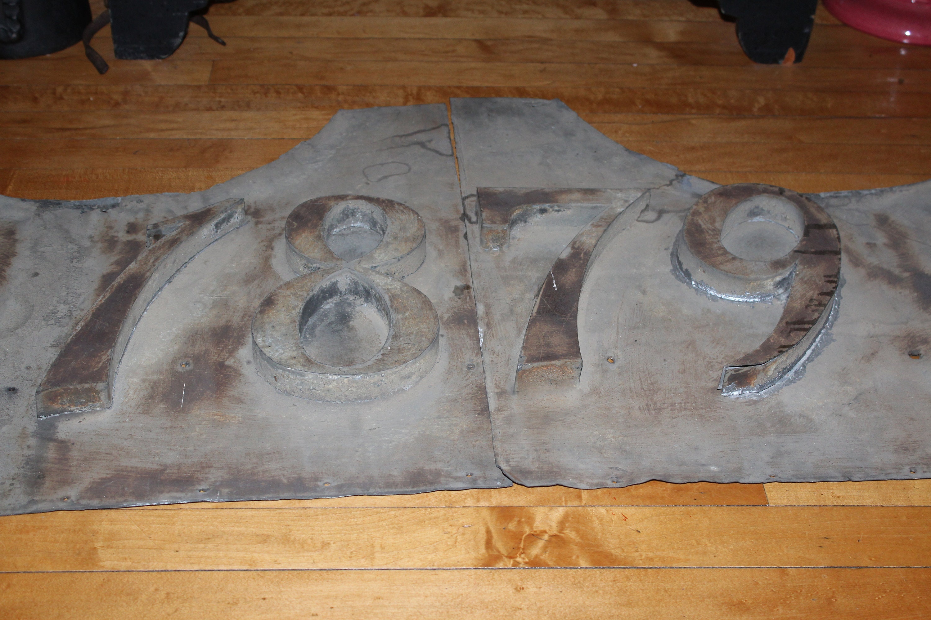 Antique Architectural Salvage Large Building Tin Sign 1879