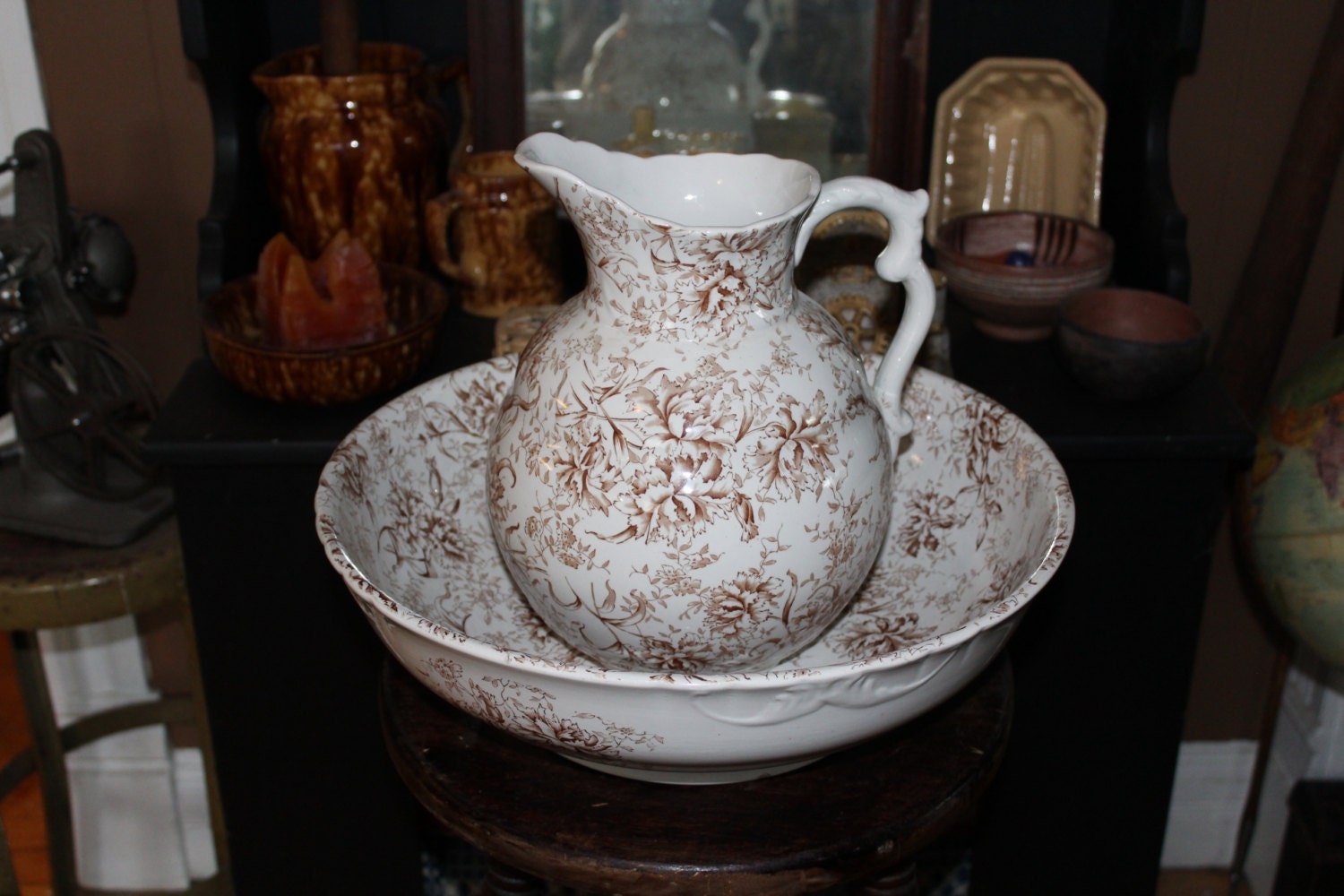 Antique Pitcher & Bowl 5 Pc Set Brown Transferware Pitcairns Picotee