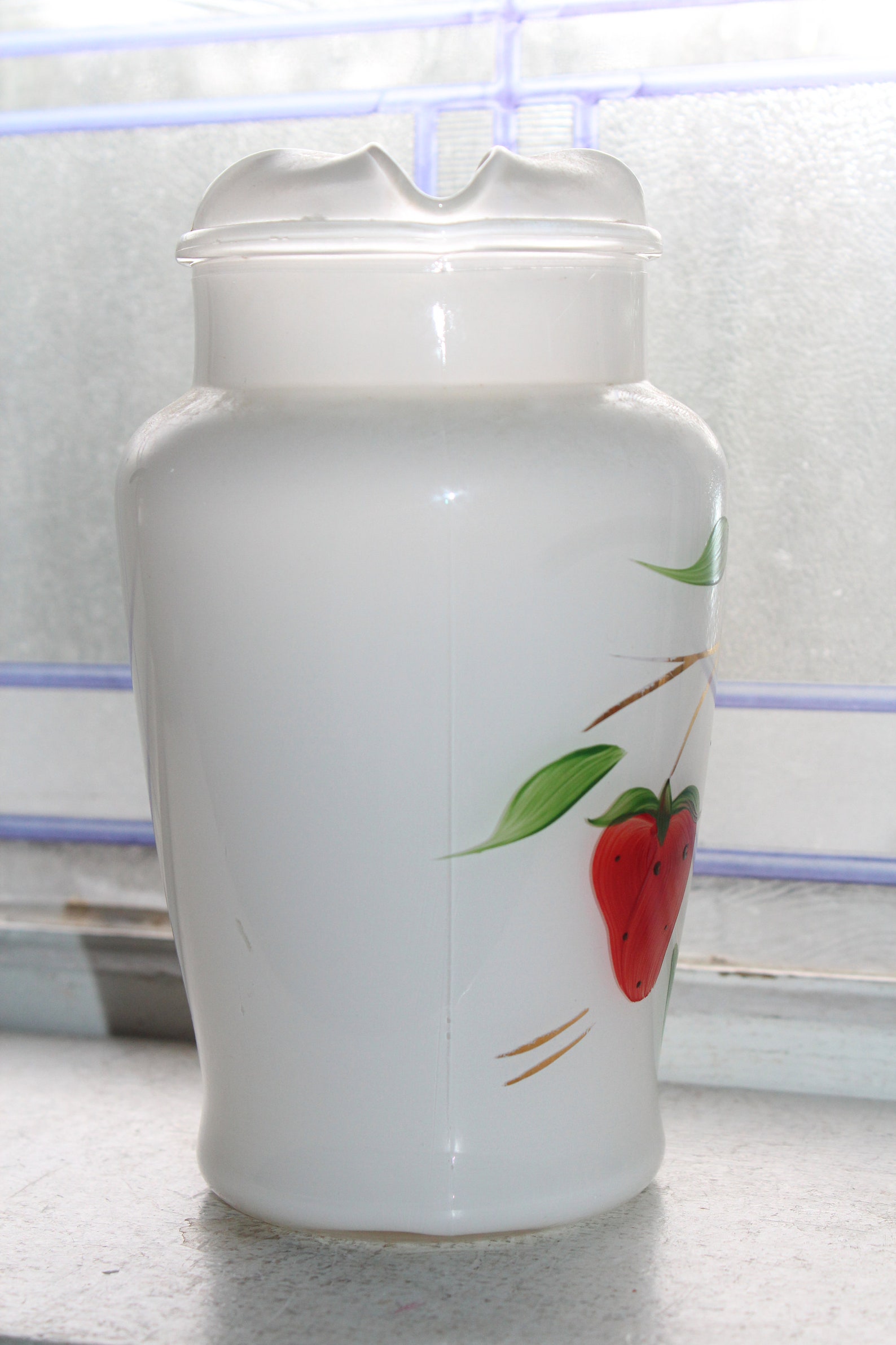 Vintage Glass Juice Pitcher White With Strawberry Decoration - Etsy