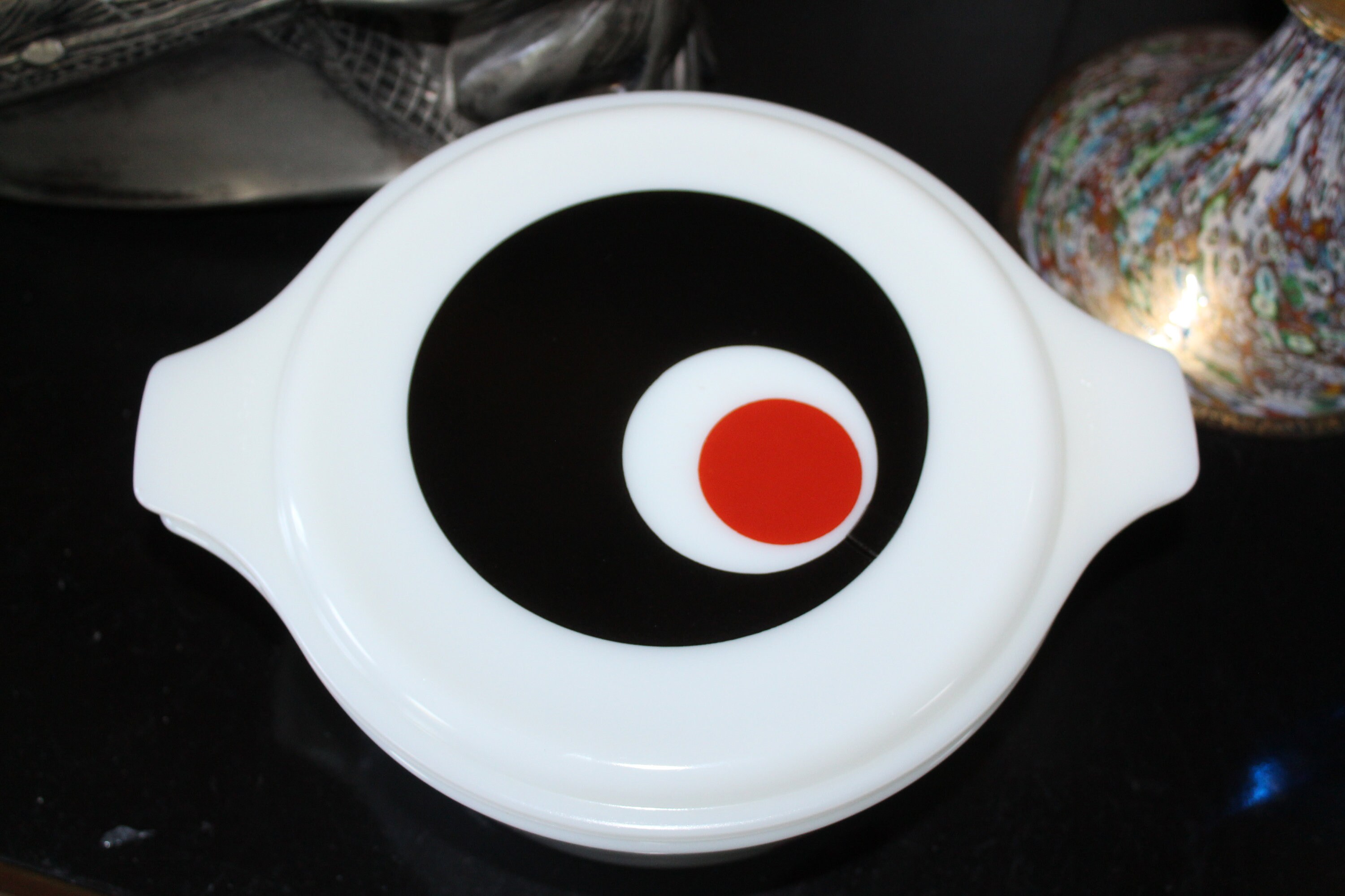 Pyrex Moon Deco Casserole with Lid Red White Black Vintage 1970s