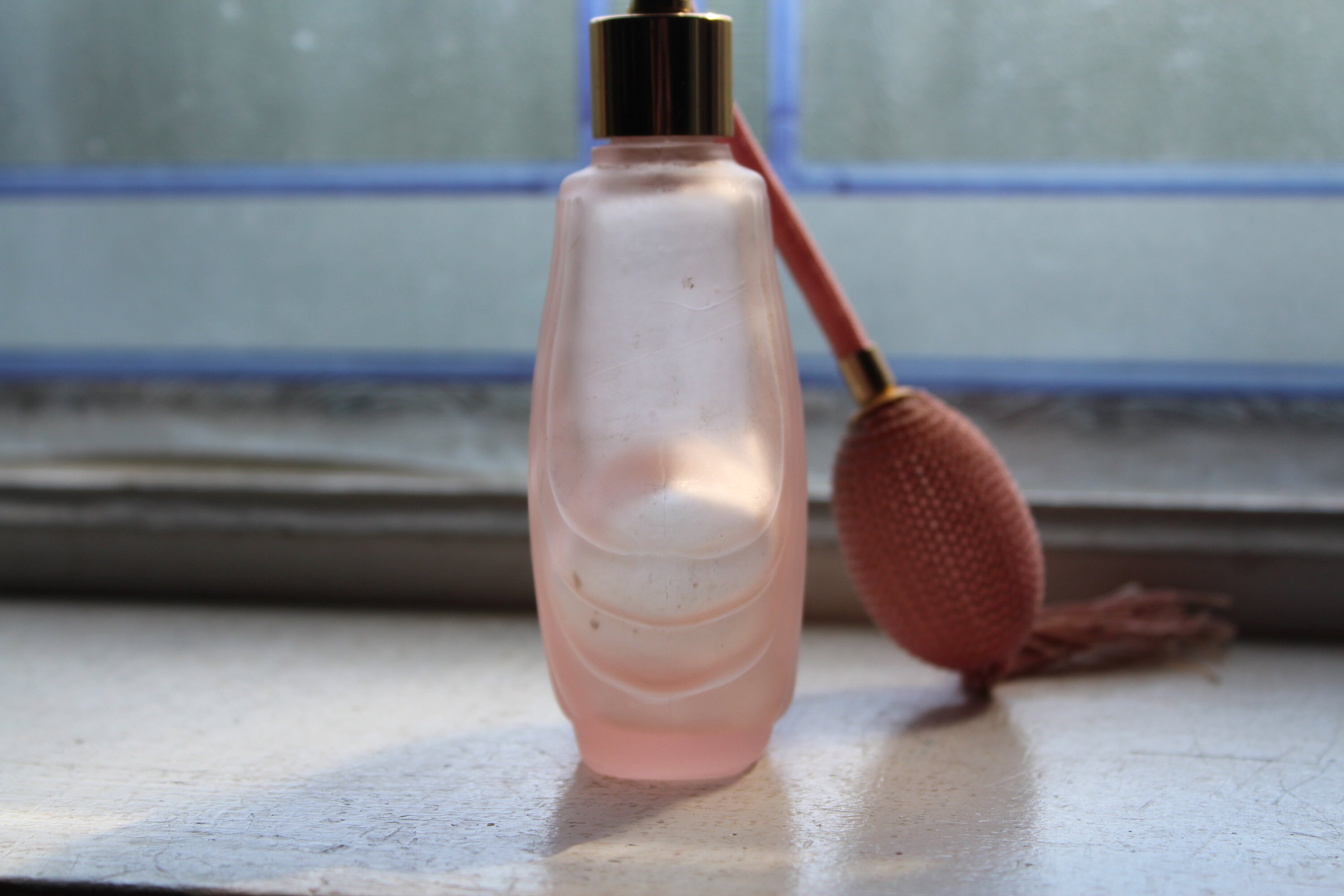 Vintage Pink Frosted Glass Perfume Bottle Atomizer