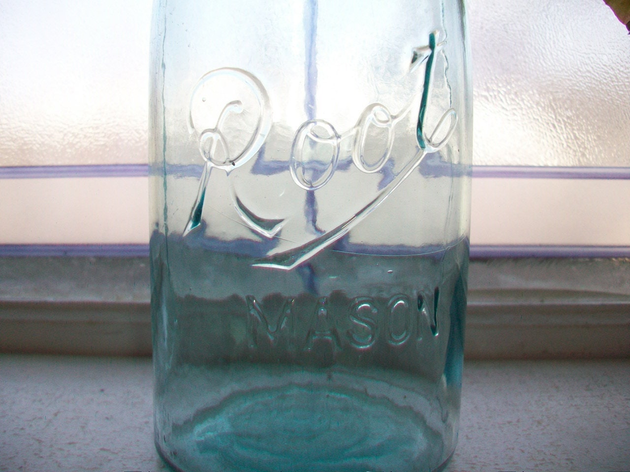 Blue Root Mason Jar Quart with Zinc Lid Antique 1900s