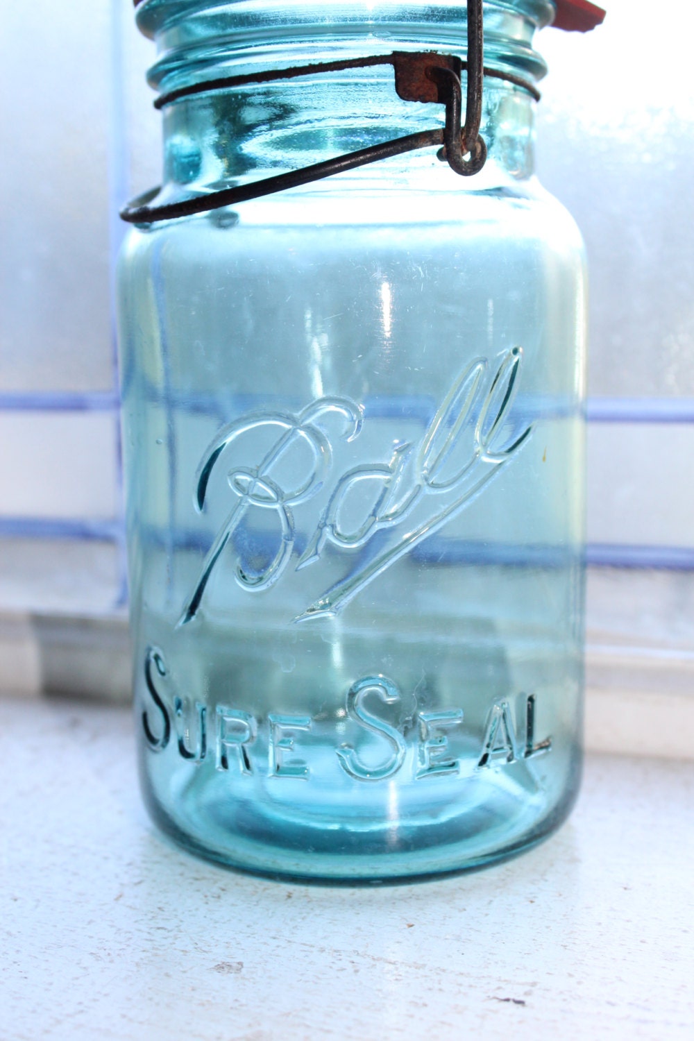 Blue Ball Jar Quart Mason Jar Ball Sure Seal Jar with Glass Lid Antique ...