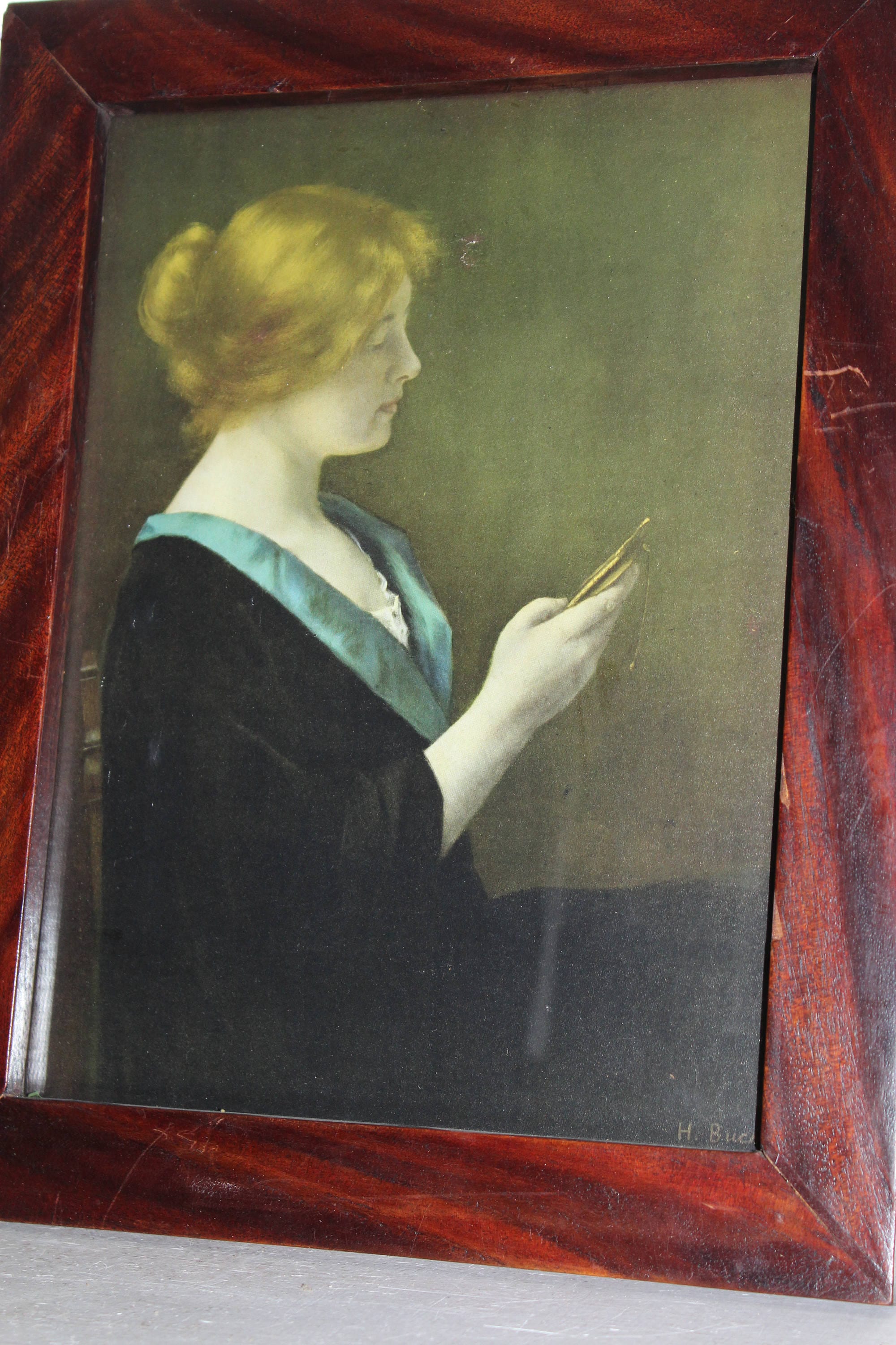 Antique Lithograph Framed Print Woman Reading