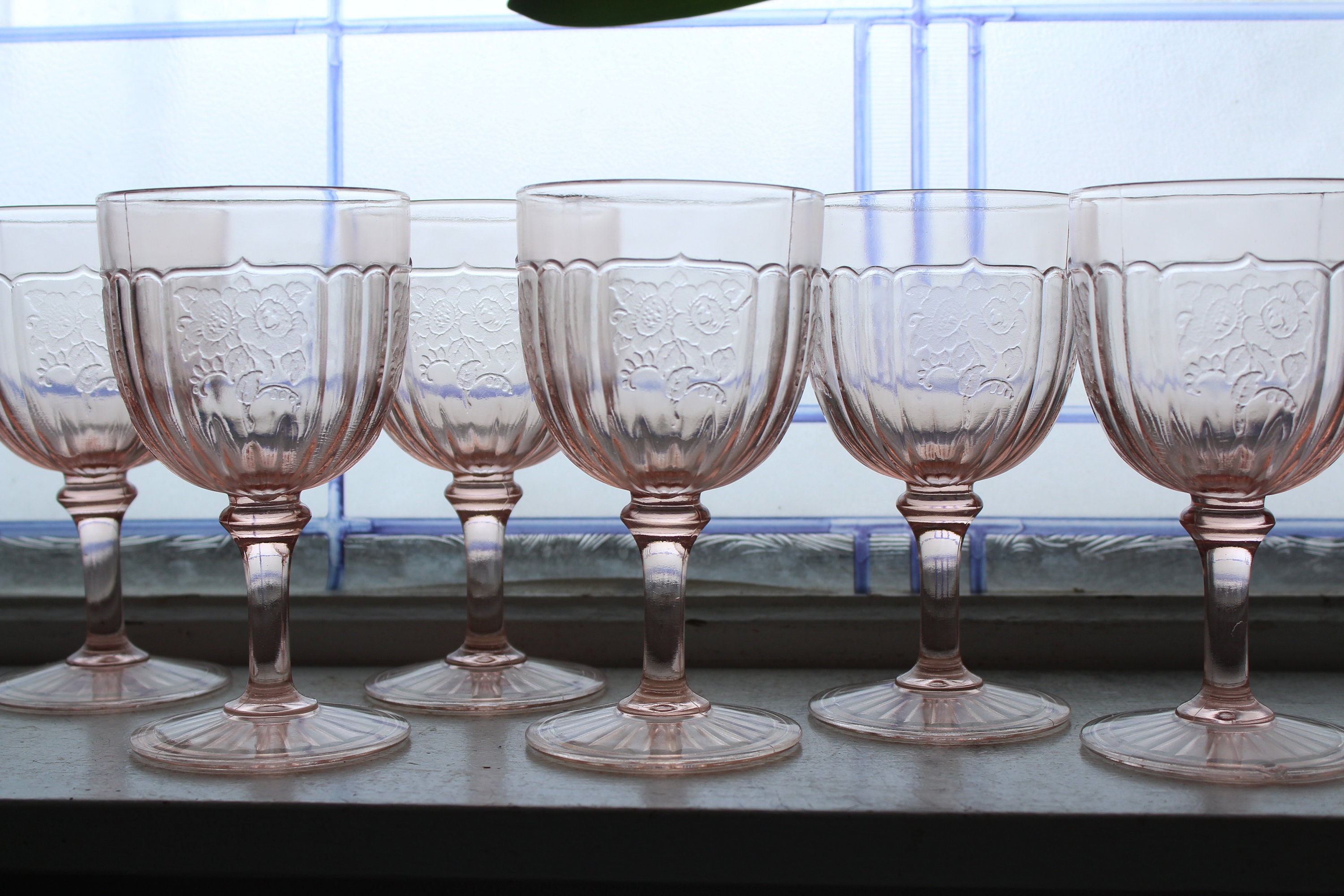 6 Mayfair Open Rose Goblets 5 3/4 Pink Depression Glass 1930s