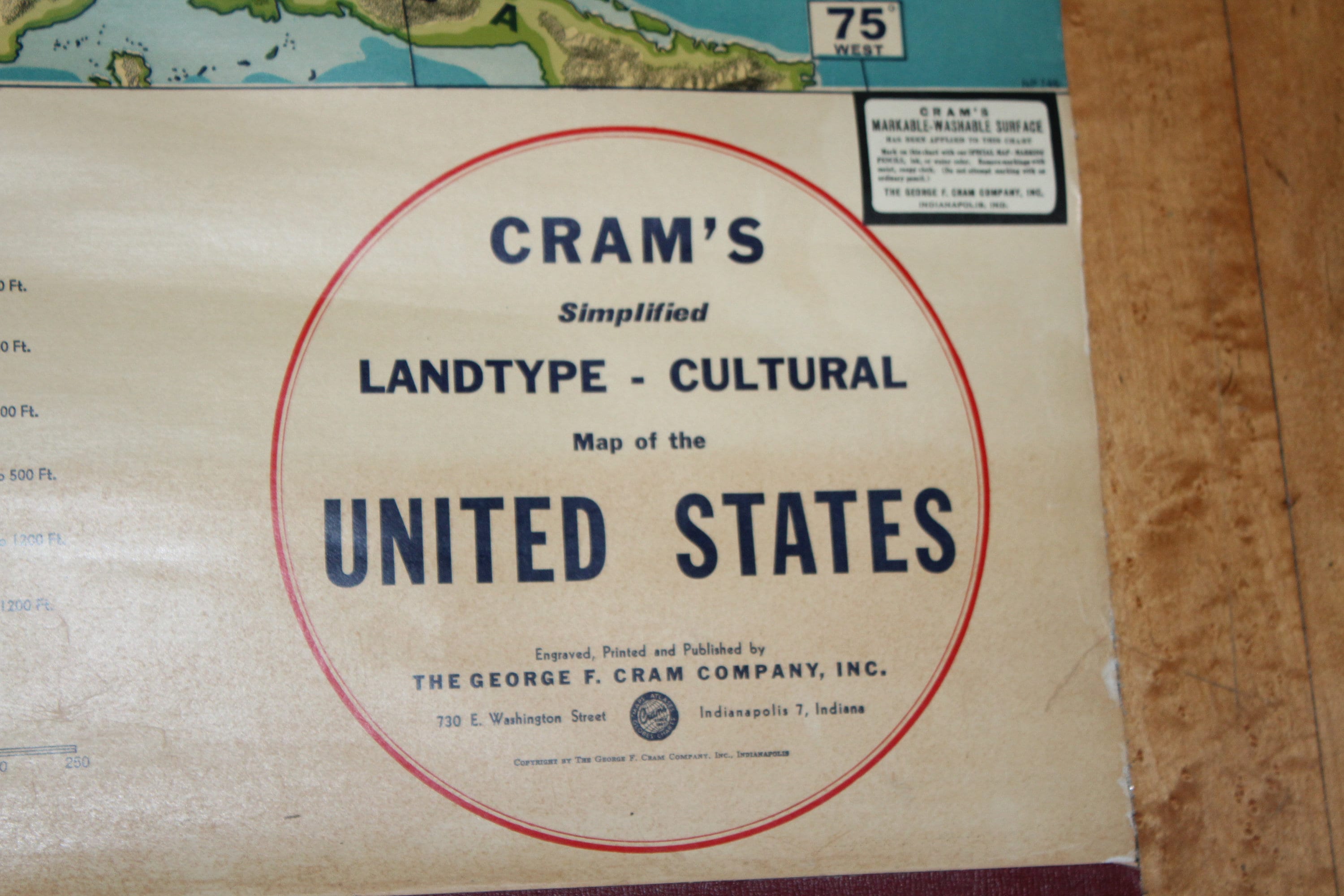 Large Vintage Wall Map Cram's USA Pull Down Roll Up
