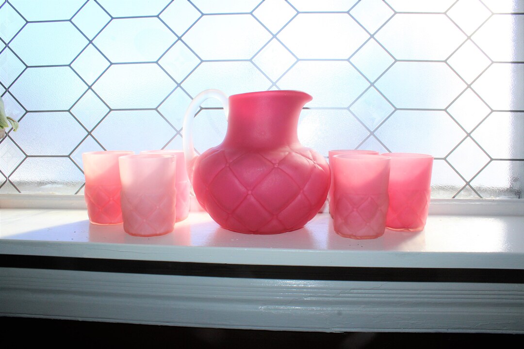 Antique Pitcher & 6 Tumblers Pink Quilted Florette Glass Consolidated ...