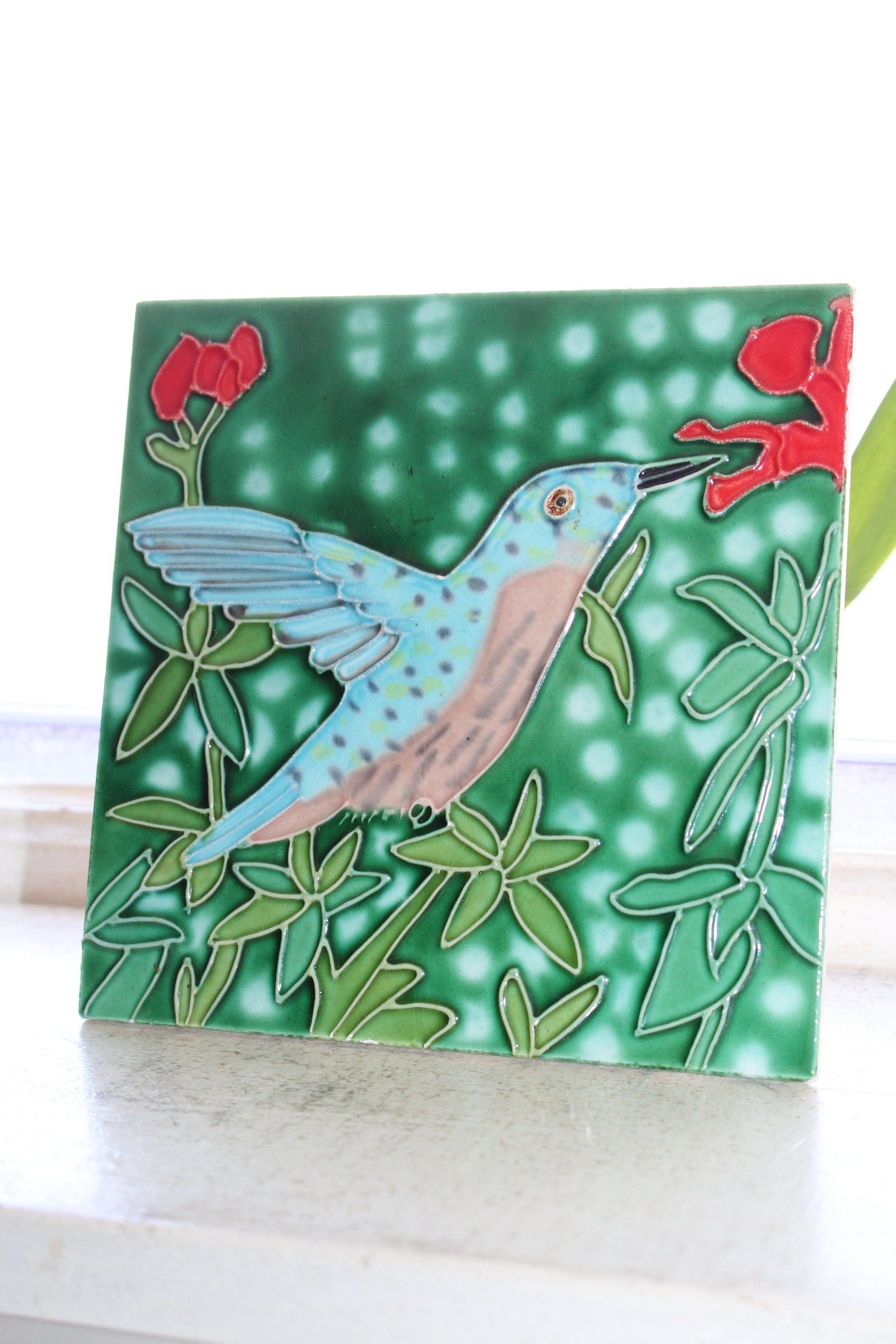 Vintage Art Pottery Tile Hummingbird Bird