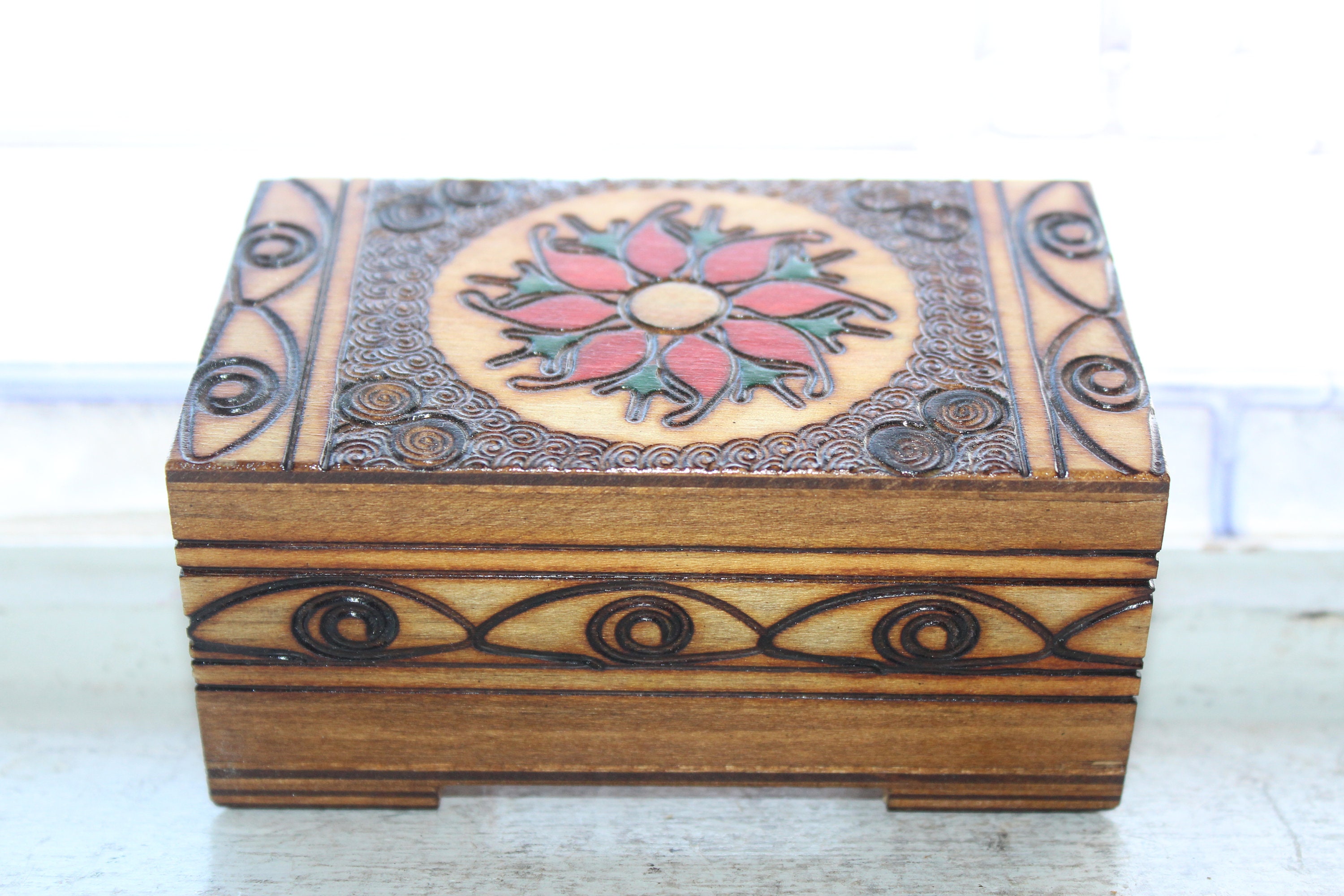Vintage Jewelry Box Pyrography Burnt Wood
