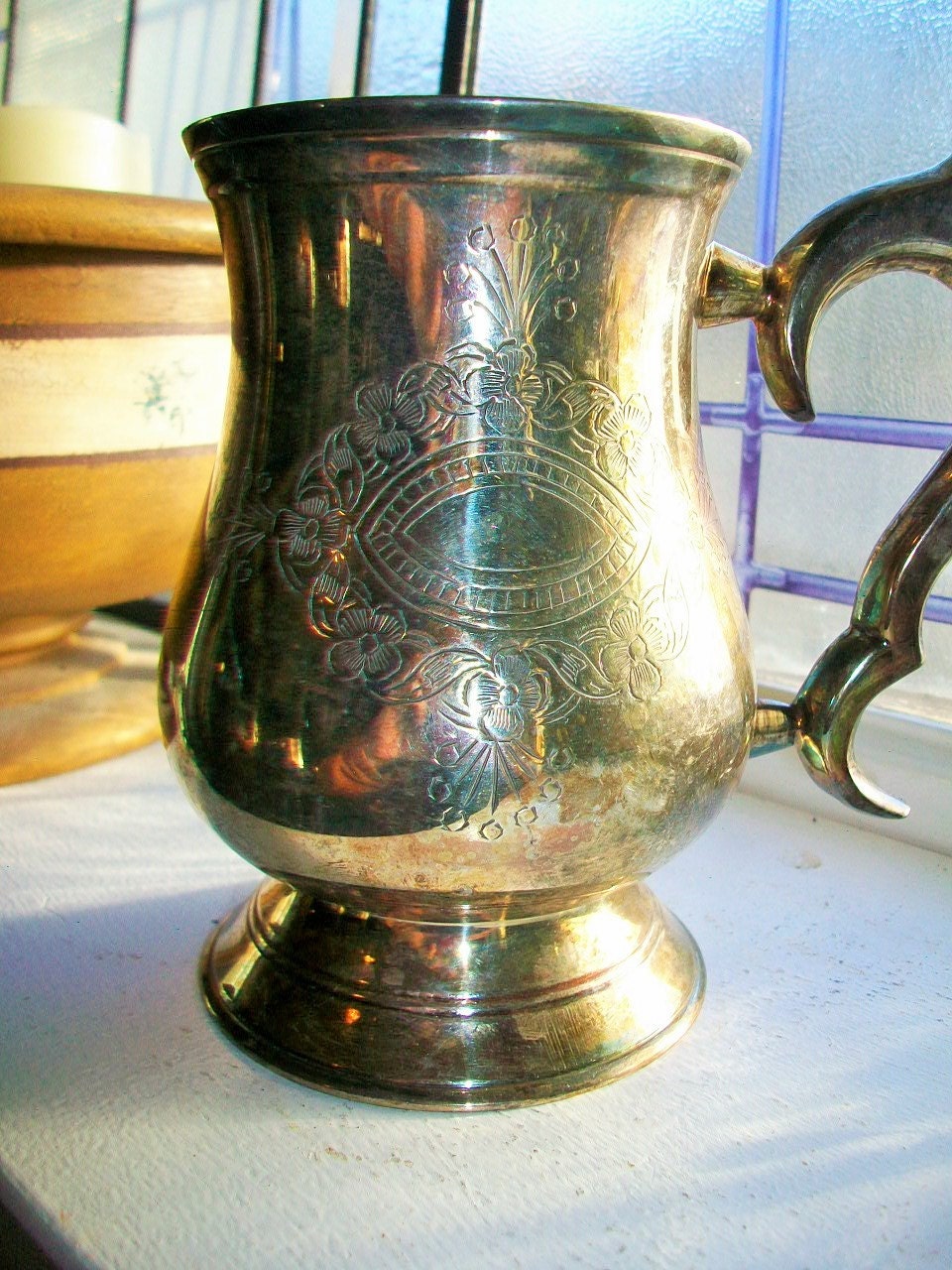 Antique Silverplate Tankard Eye in Wreath Pattern Mug Cup