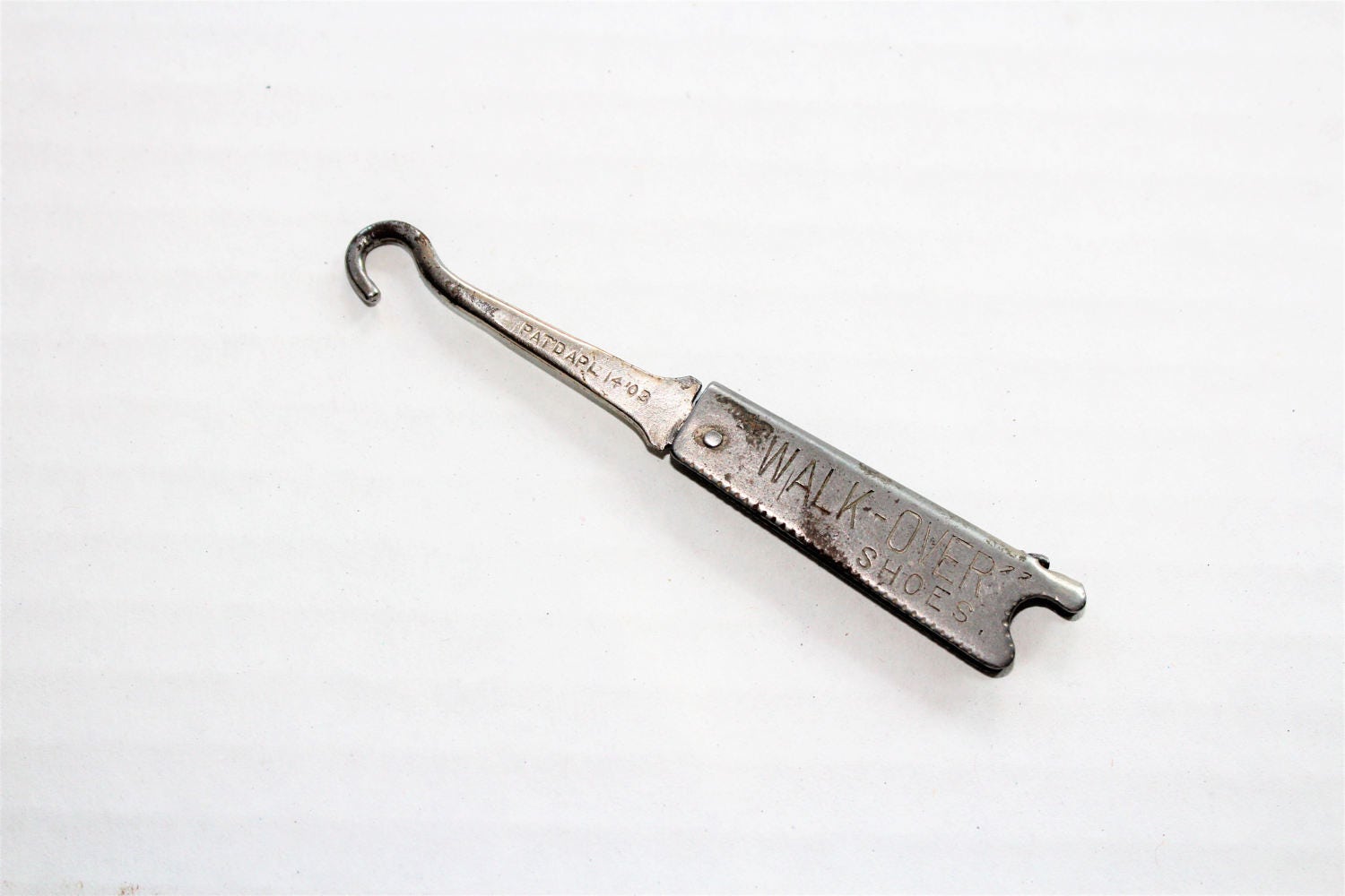 Antique Folding Button Hook Advertising Walk Over Shoes Kearney Neb