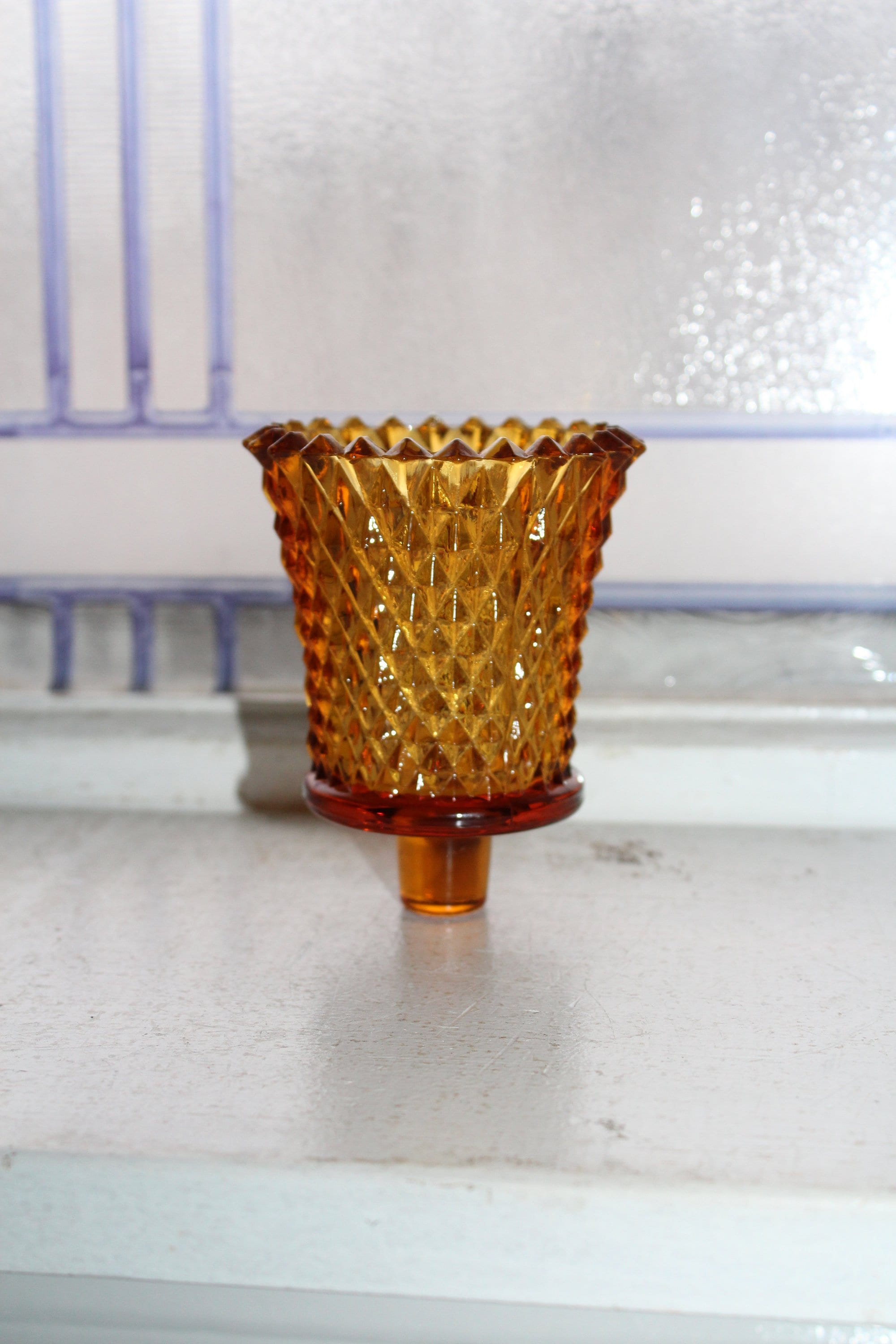 Vintage Amber Glass Diamdond Hobnail Votive Candle Holder Insert