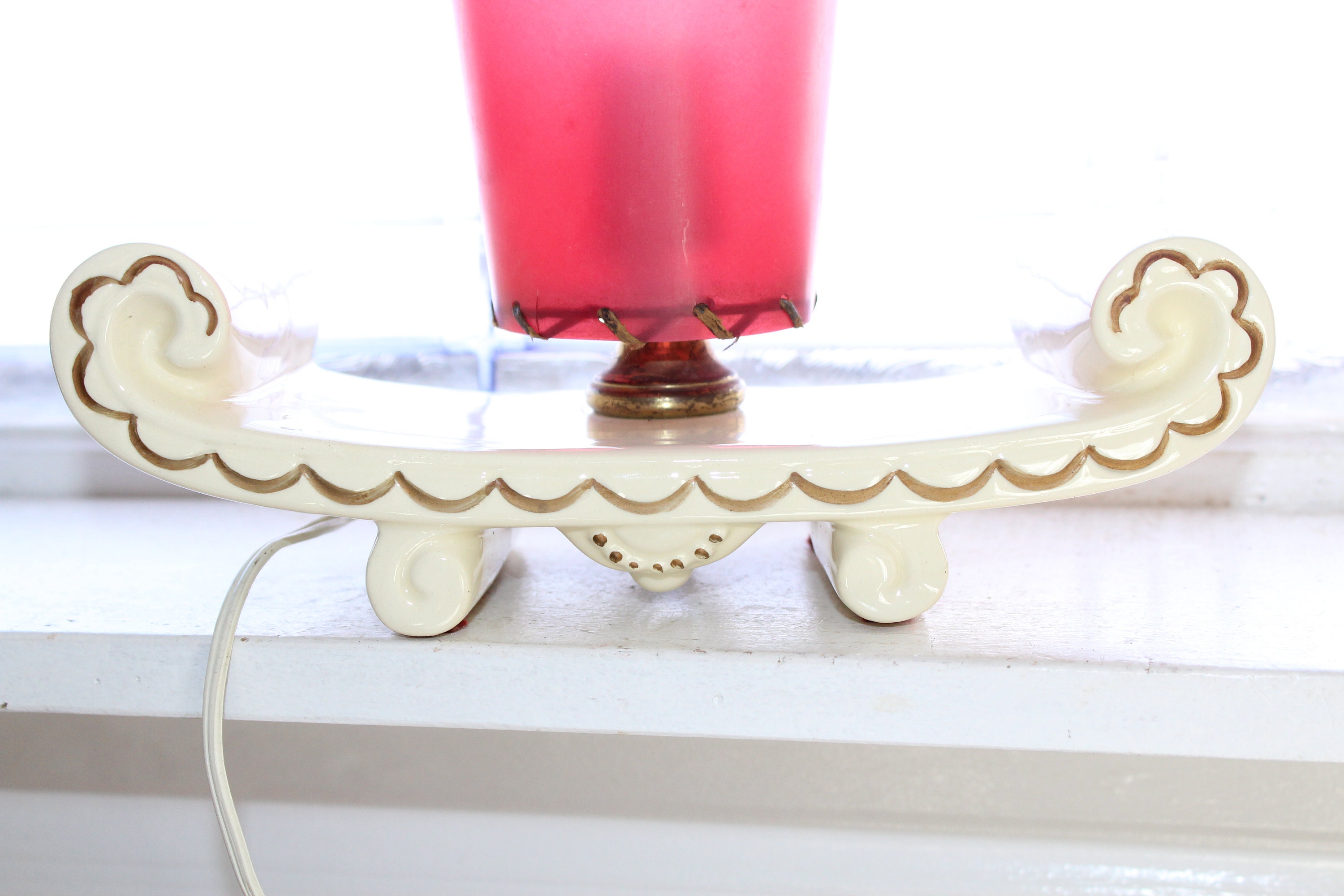 Vintage Mid Century TV Lamp White Pottery with Red Fiberglass Shade