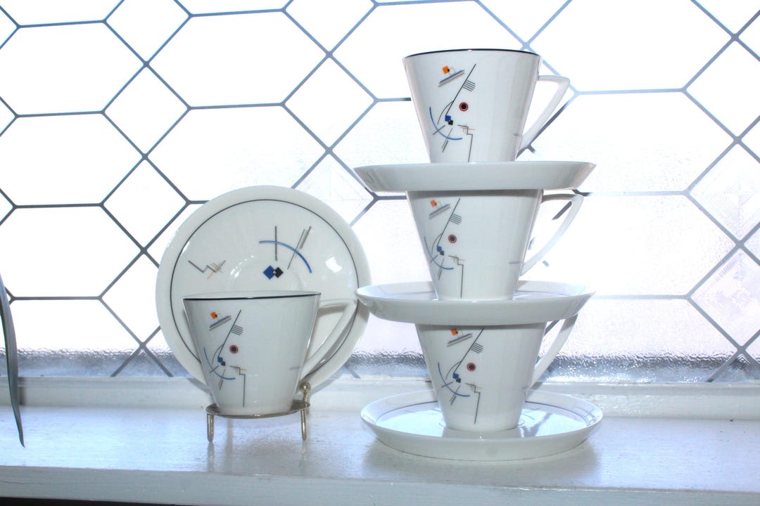 4 Art Deco Jazz Age Profile Cups and Saucers International Ultra Bone ...