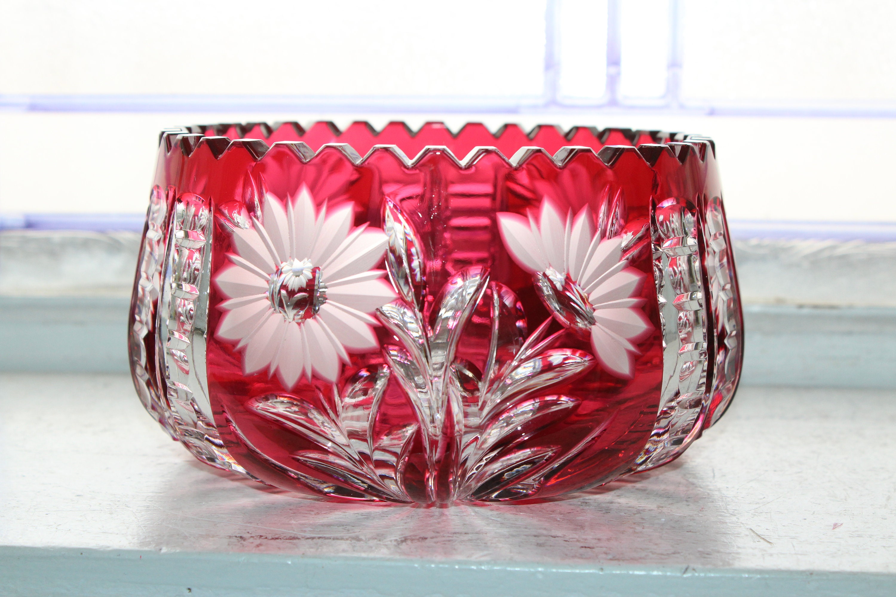 Vintage Ruby Red Cut To Clear Bohemain Glass Bowl Czech