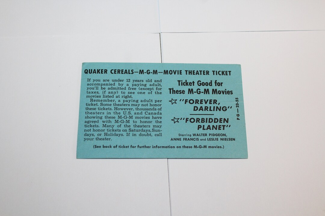 1955 MGM Movie Theater Ticket - Forever Darling, Forbidden Planet ...