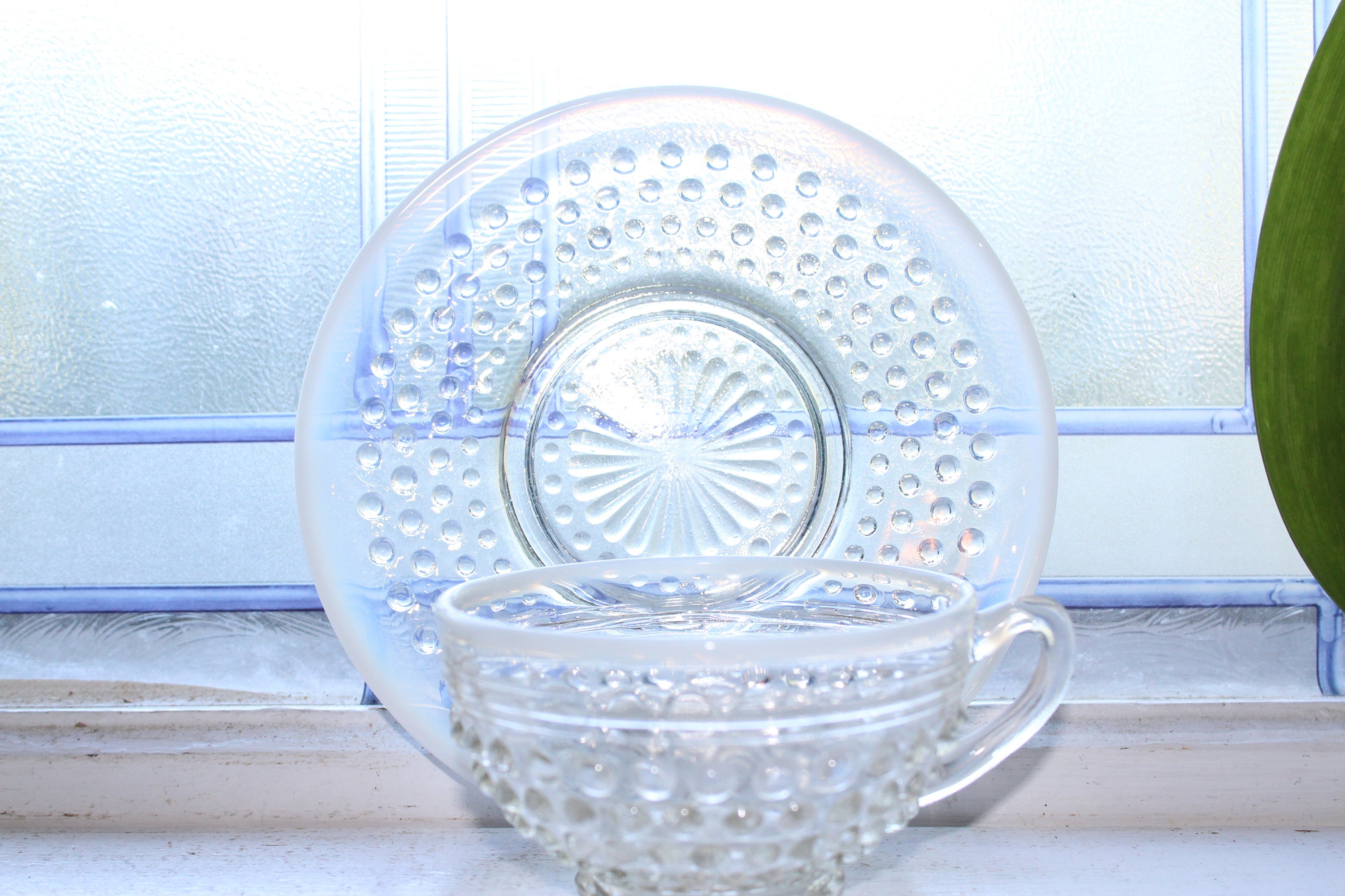 Moonstone Glass Cup and Saucer Opalescent Hobnail Vintage 1940s