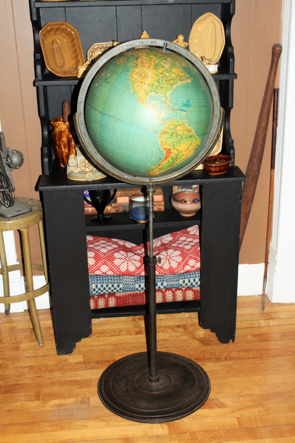 Large Floor Stand Globe Johnston Physical Political with Cast Iron Base ...