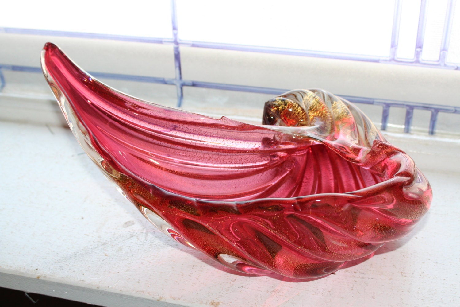 Vintage Balboa Venetian Glass Bowl Cranberry with Gold Flake Italy