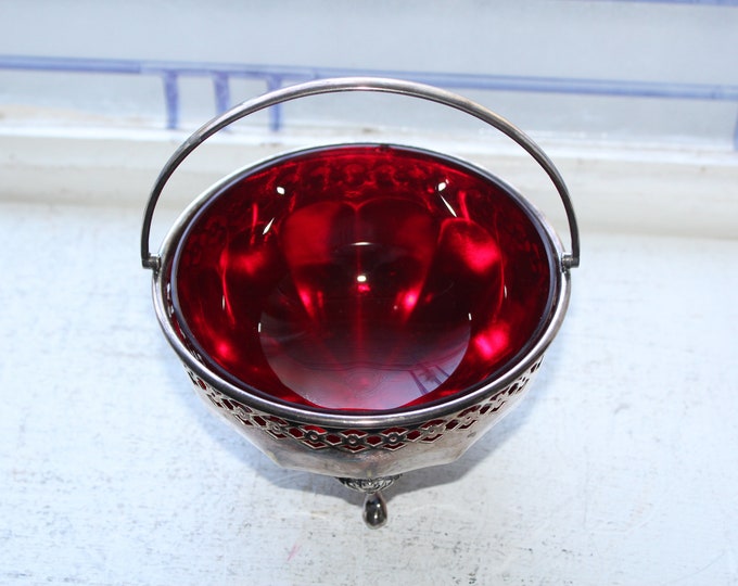Vintage Silverplate and Ruby Red Glass Footed Dish With Handle - Etsy