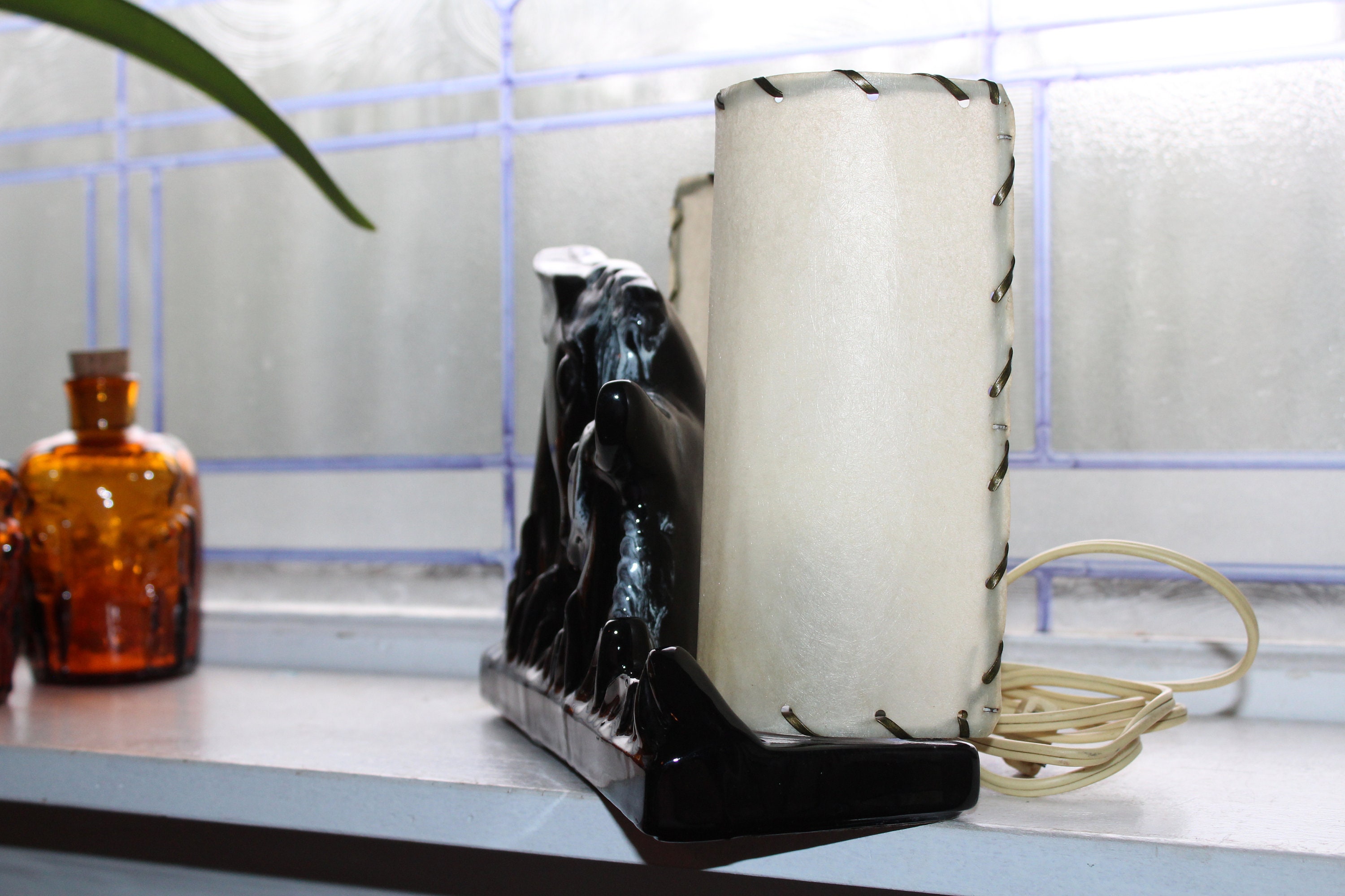 Vintage Mid Century TV Lamp Black Deer and Fawn with Fiberglass Shade